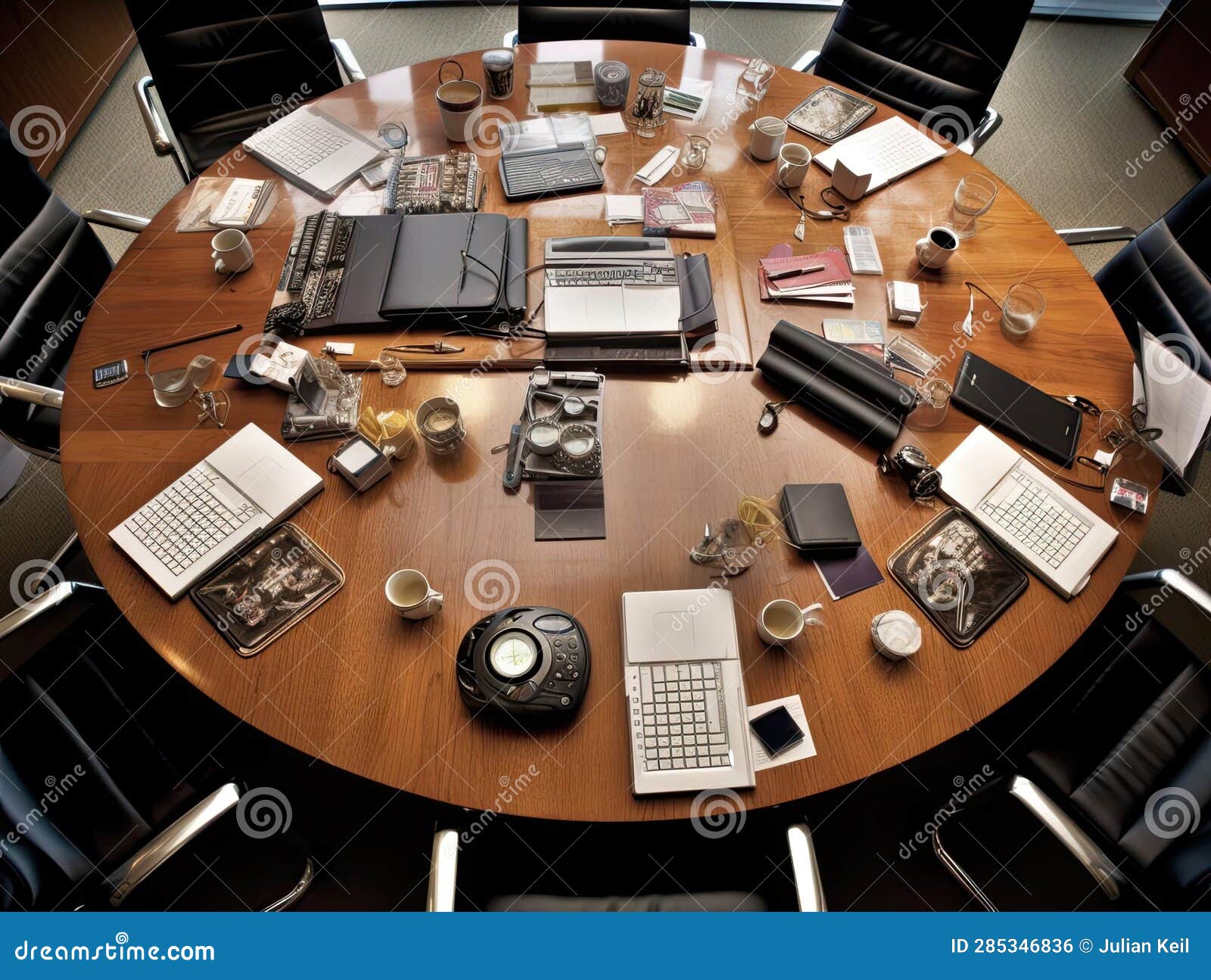 Conference Table with Business Tools and Technology Stock Illustration ...