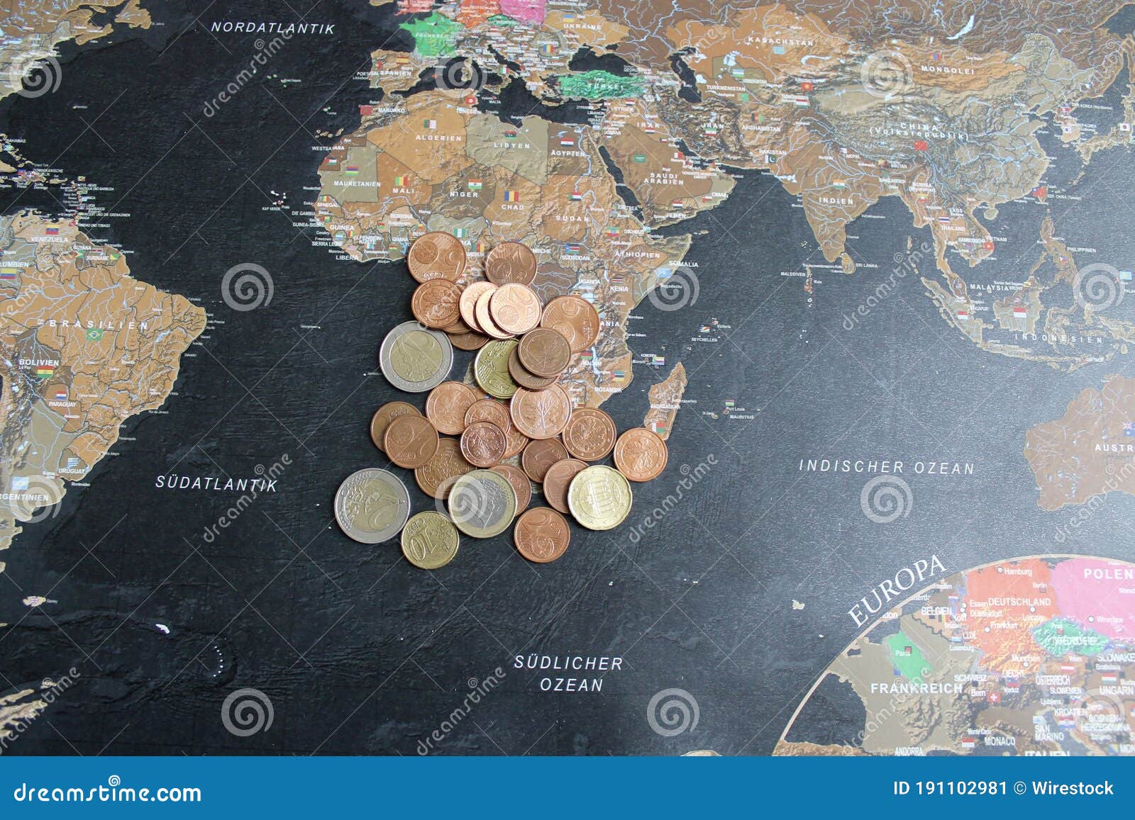 Overhead Shot of Coins on a World Map Stock Image - Image of money ...