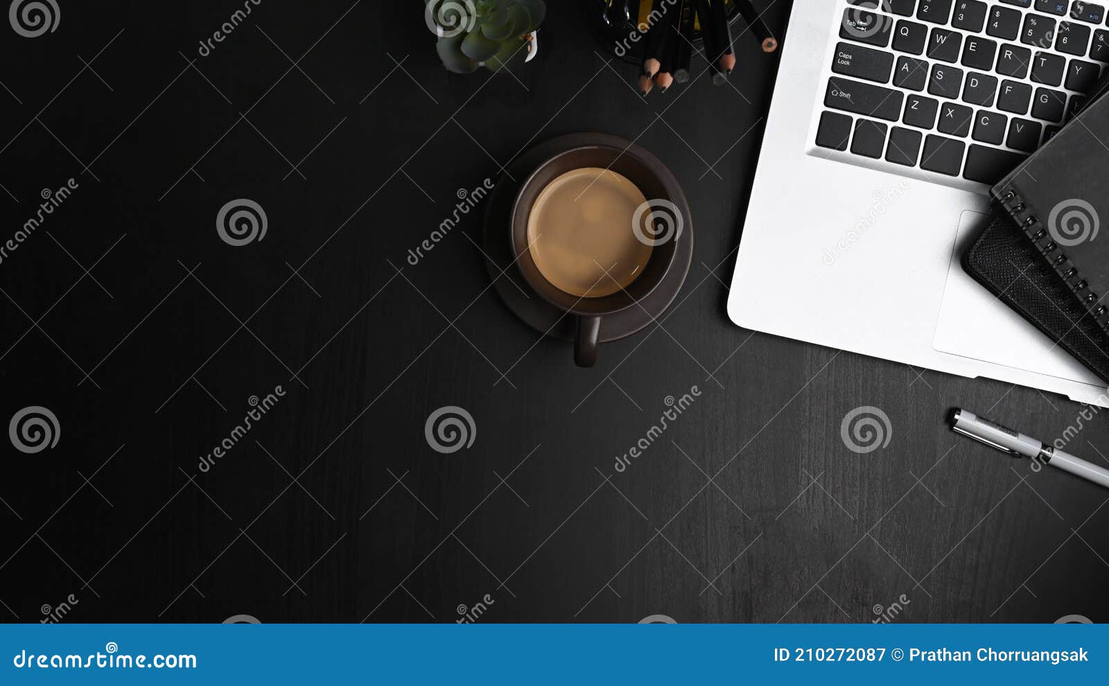 Overhead Shot Of Contemporary Workspace With Laptop Computer, Coffee ...