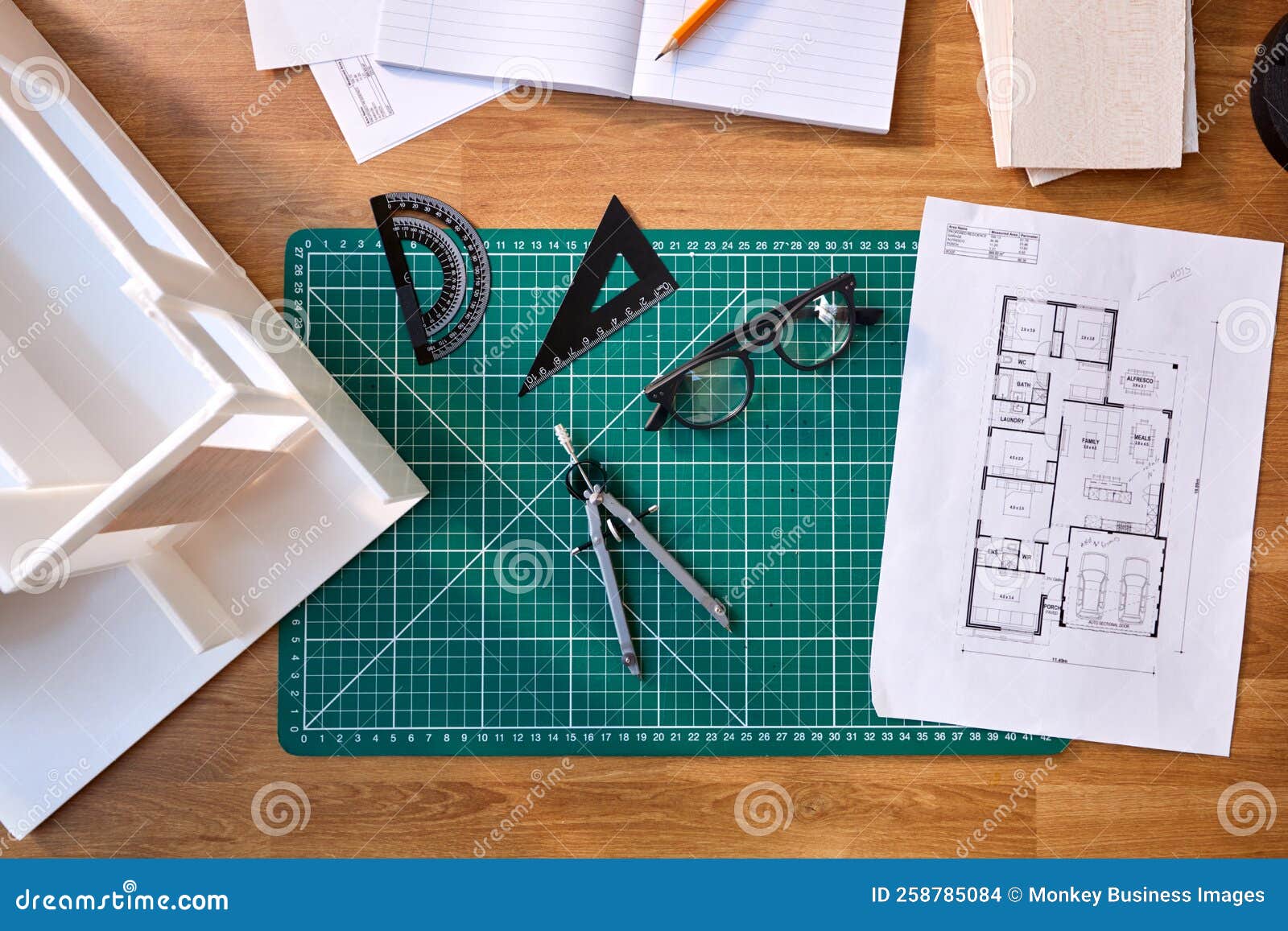 Overhead Shot of Desk in Architects Office with Plans Drawing ...