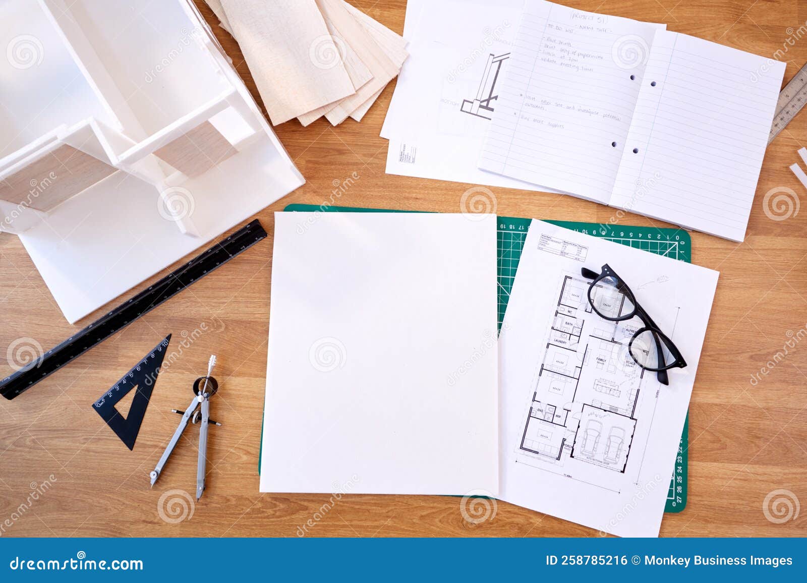 Overhead Shot of Desk in Architects Office with Plans Drawing ...