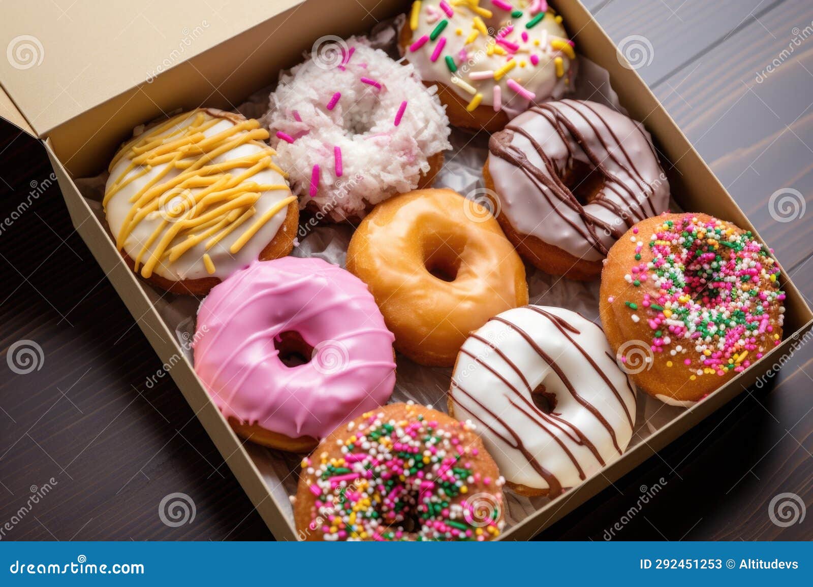 An Overhead Shot of Donuts of Varying Sizes and Flavors in a Box Stock ...
