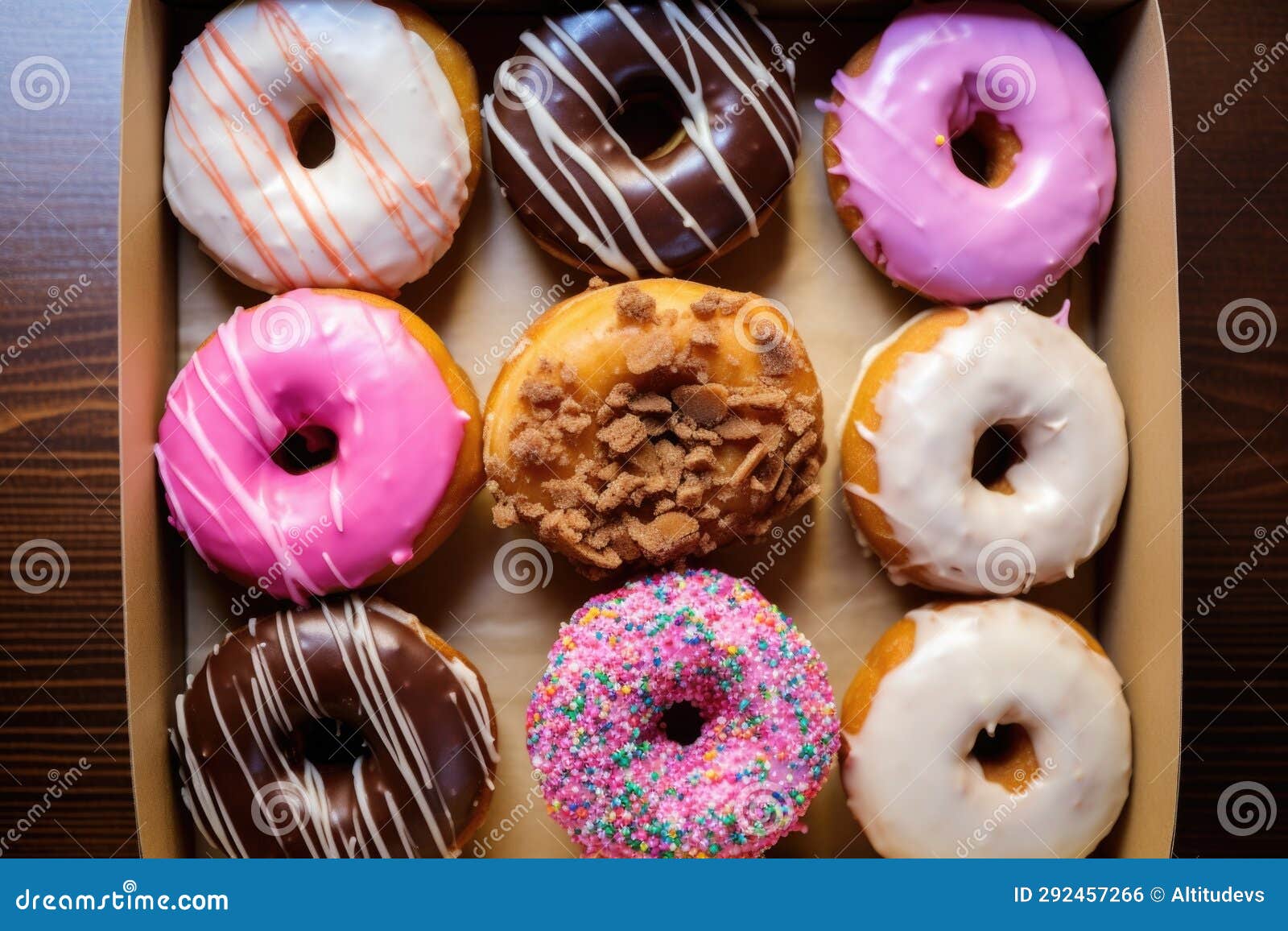An Overhead Shot of Donuts of Varying Sizes and Flavors in a Box Stock ...
