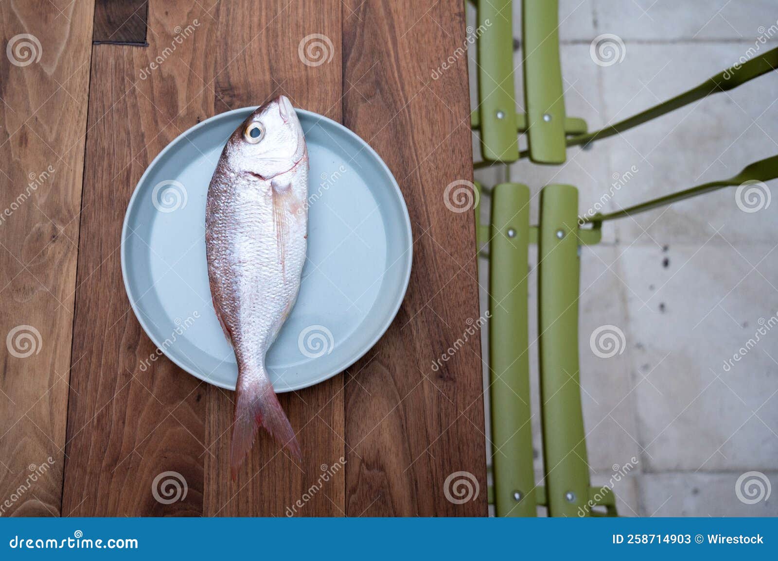 Overhead Shot of a Fish on a Plate Stock Image - Image of closeup, wood ...