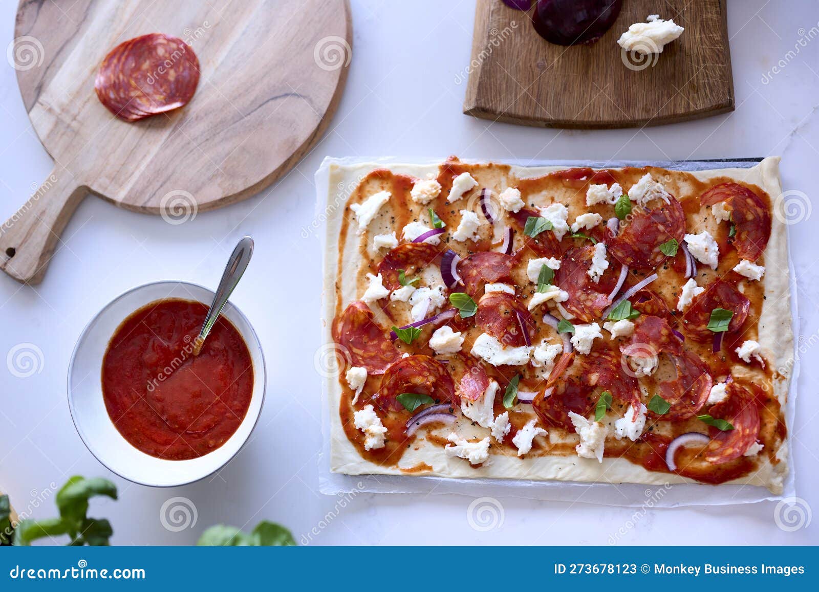 Overhead Shot of Fresh Homemade Pizza on Kitchen Counter Ready for ...