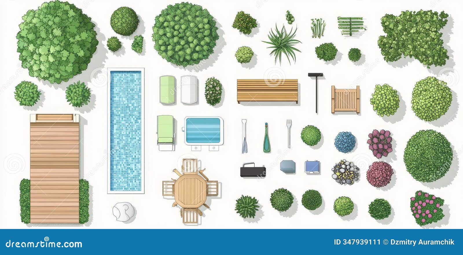 Overhead Shot of a Garden Path, Park Seating, and Garden Trees. Stock ...