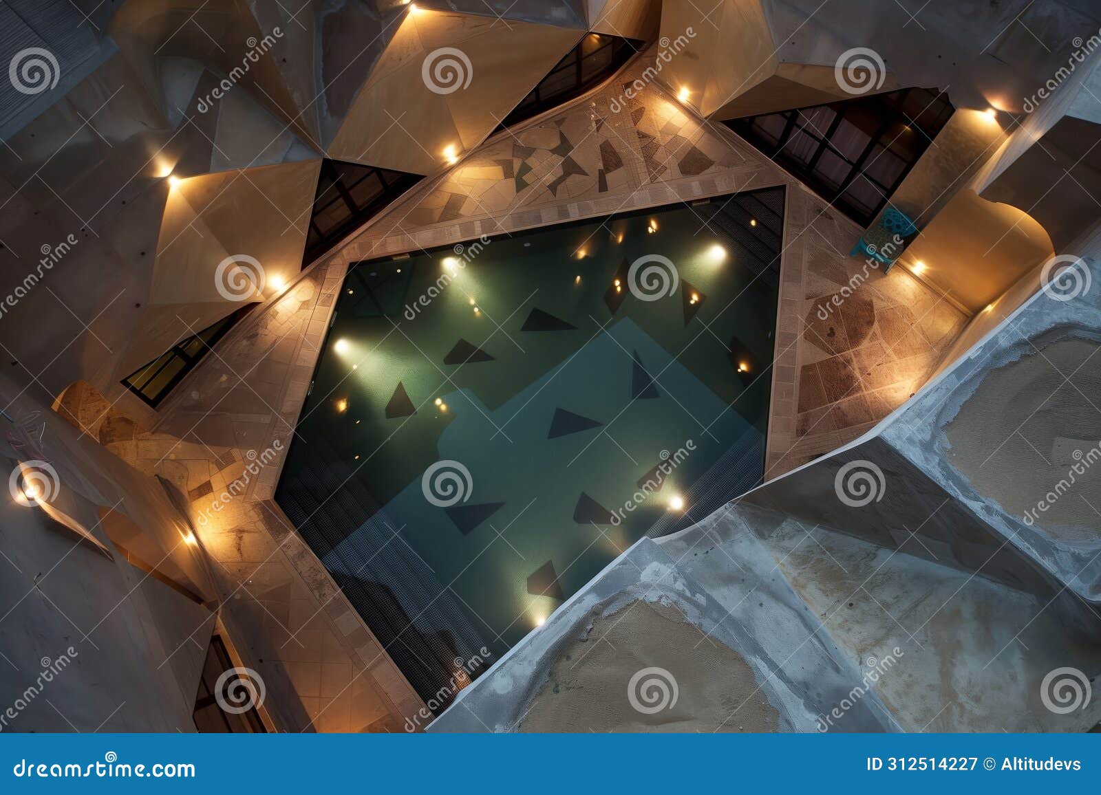 Overhead Shot of a Geometric Pool Design, Lights Accentuating Shapes ...