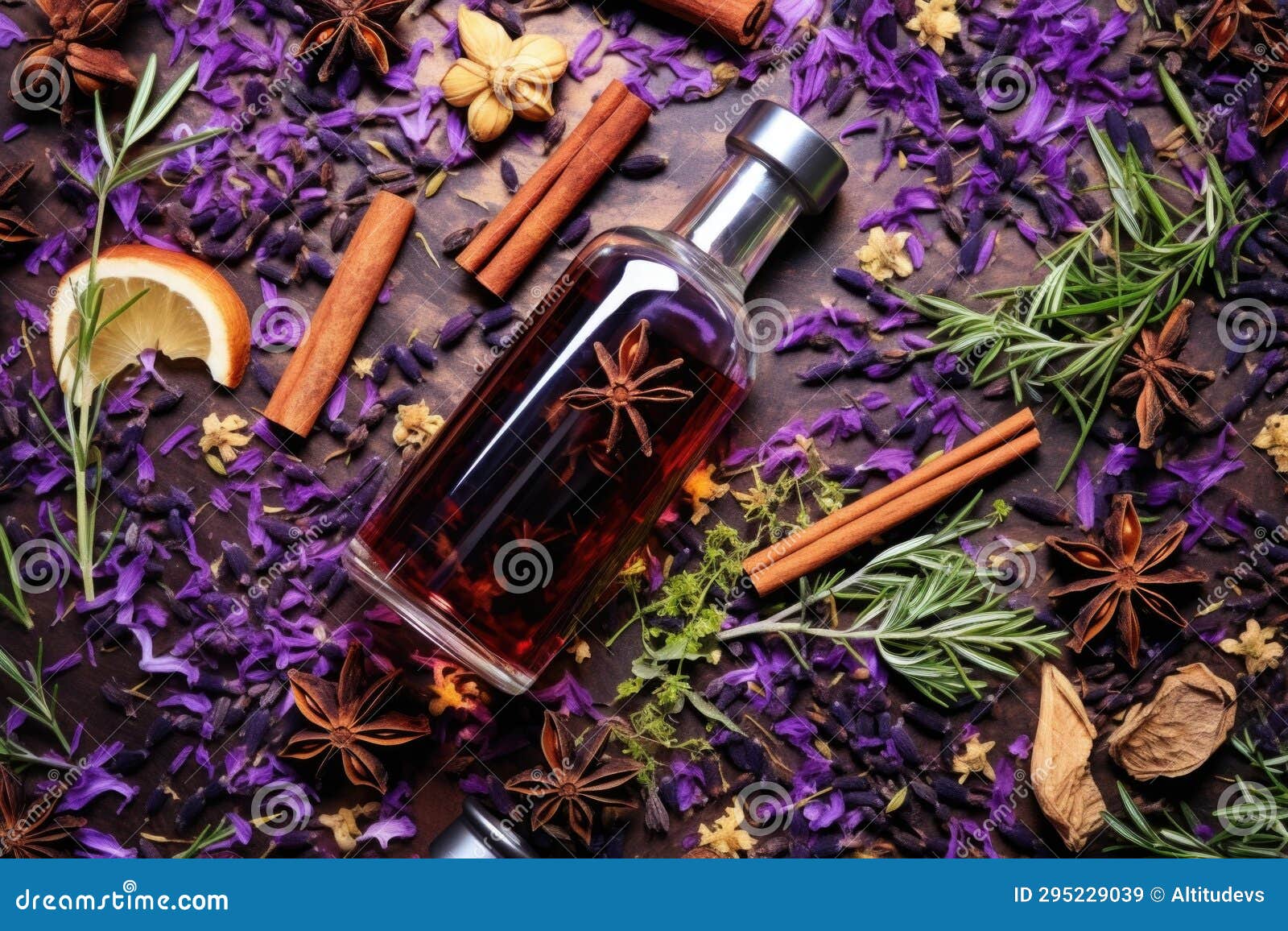 Overhead Shot of Gin Bottle Surrounded by Botanicals Stock Image ...