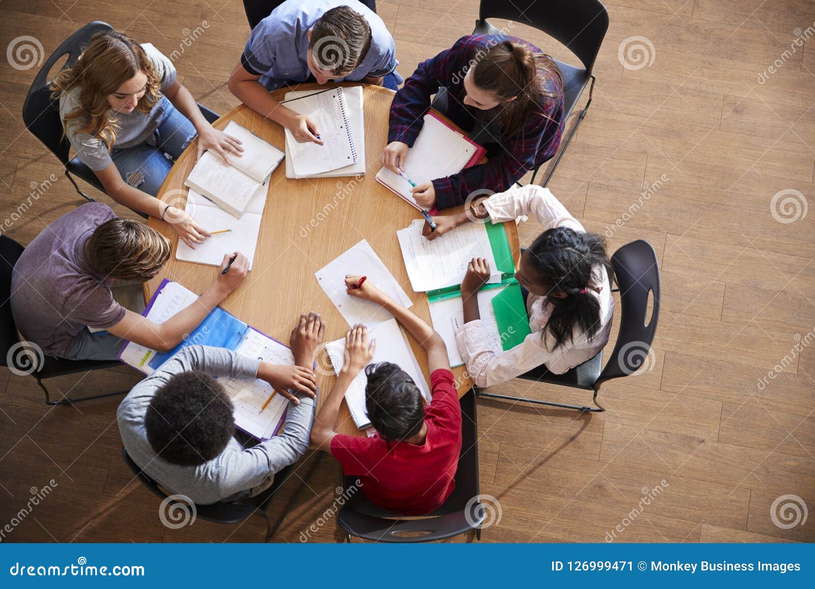 Overhead Shot of High School Pupils in Group Study Around Tables Stock ...