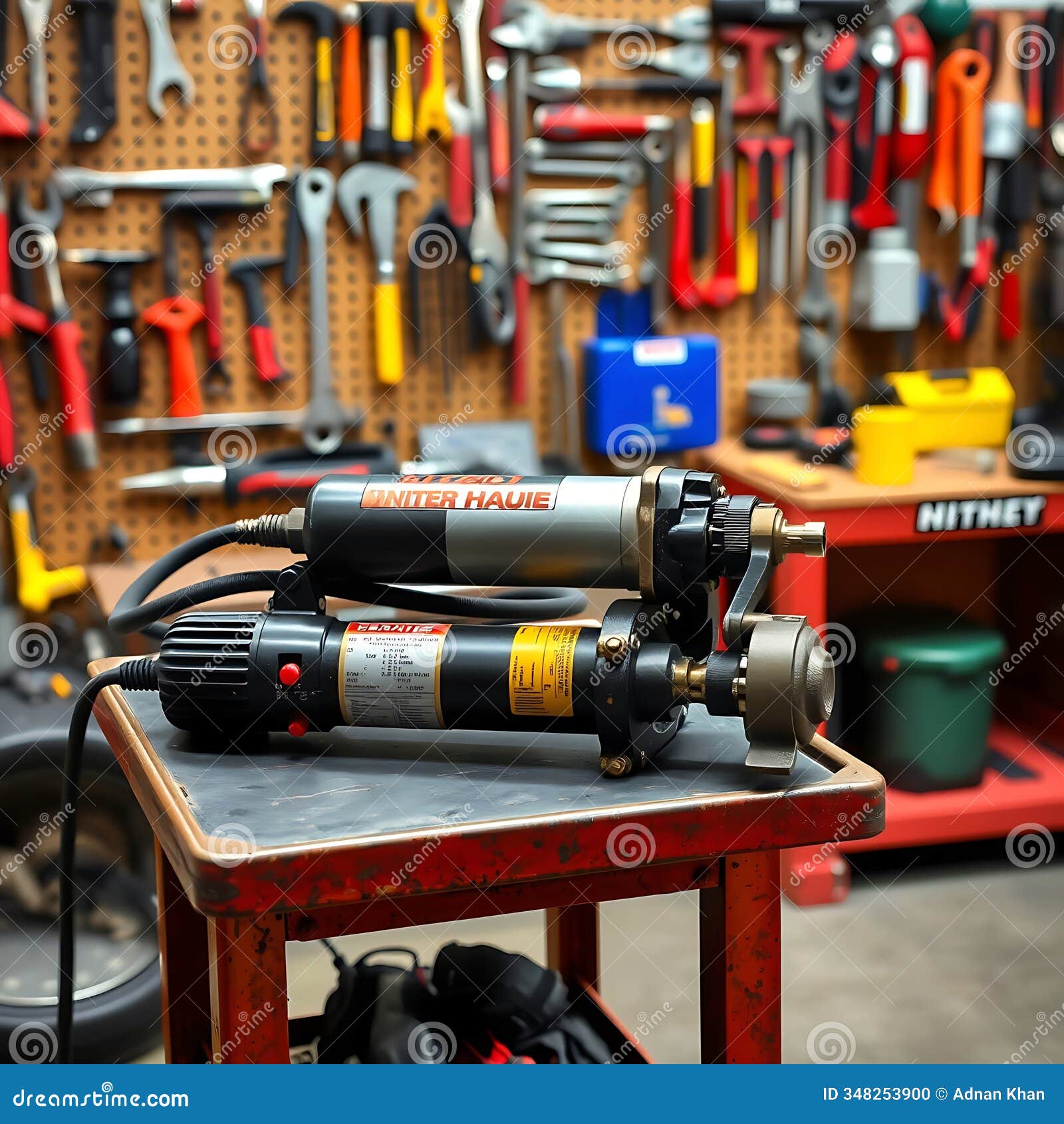 An Overhead Shot of a Hydraulic Toolset Spread Out on a Wooden ...