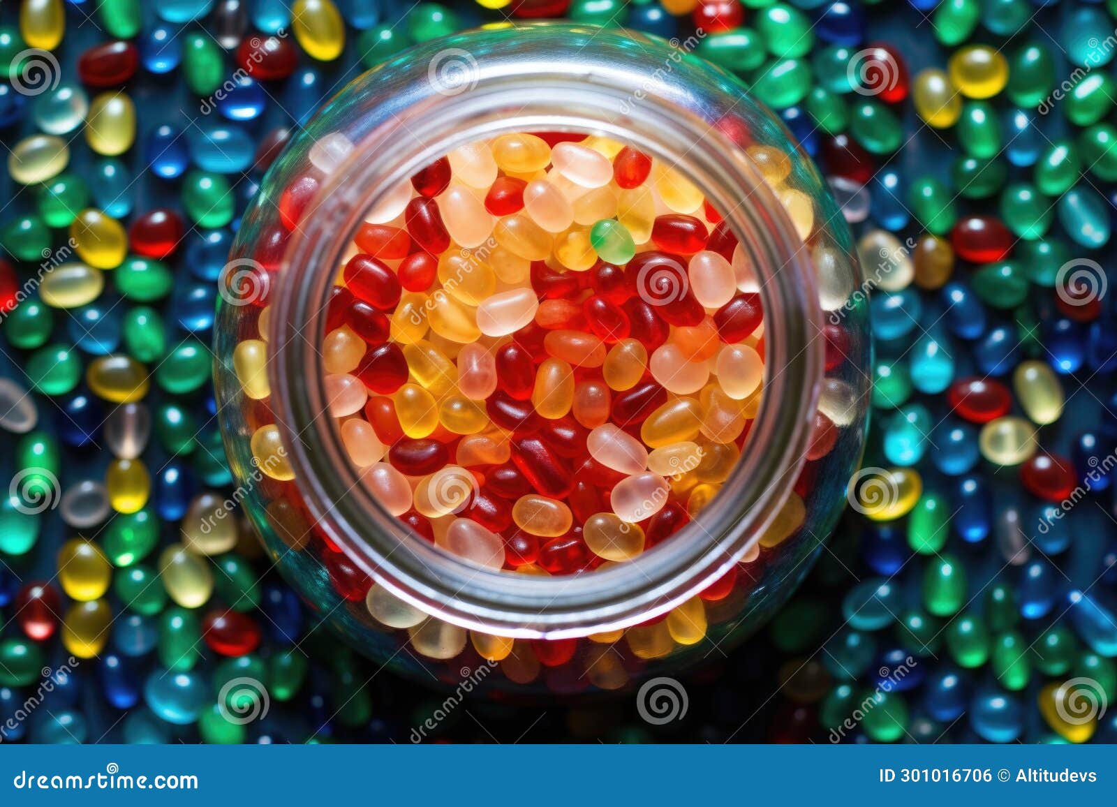 Overhead Shot of a Jar Full of Rainbow-colored Jelly Beans Stock Photo ...