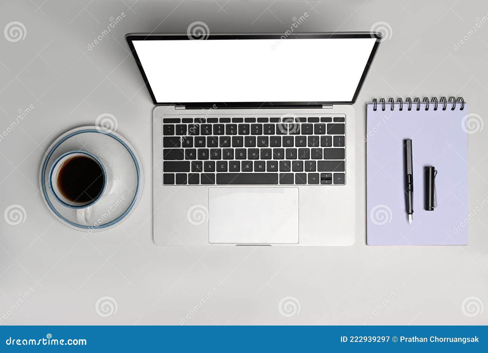 Laptop Computer, Coffee Cup and Notebook on White Office Desk. Stock ...