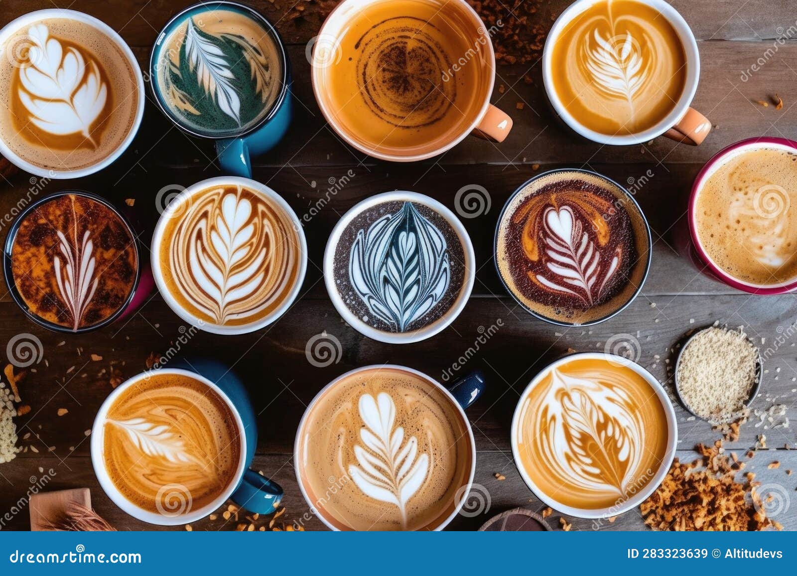 Overhead Shot of Latte Art Designs in Various Cups Stock Illustration ...