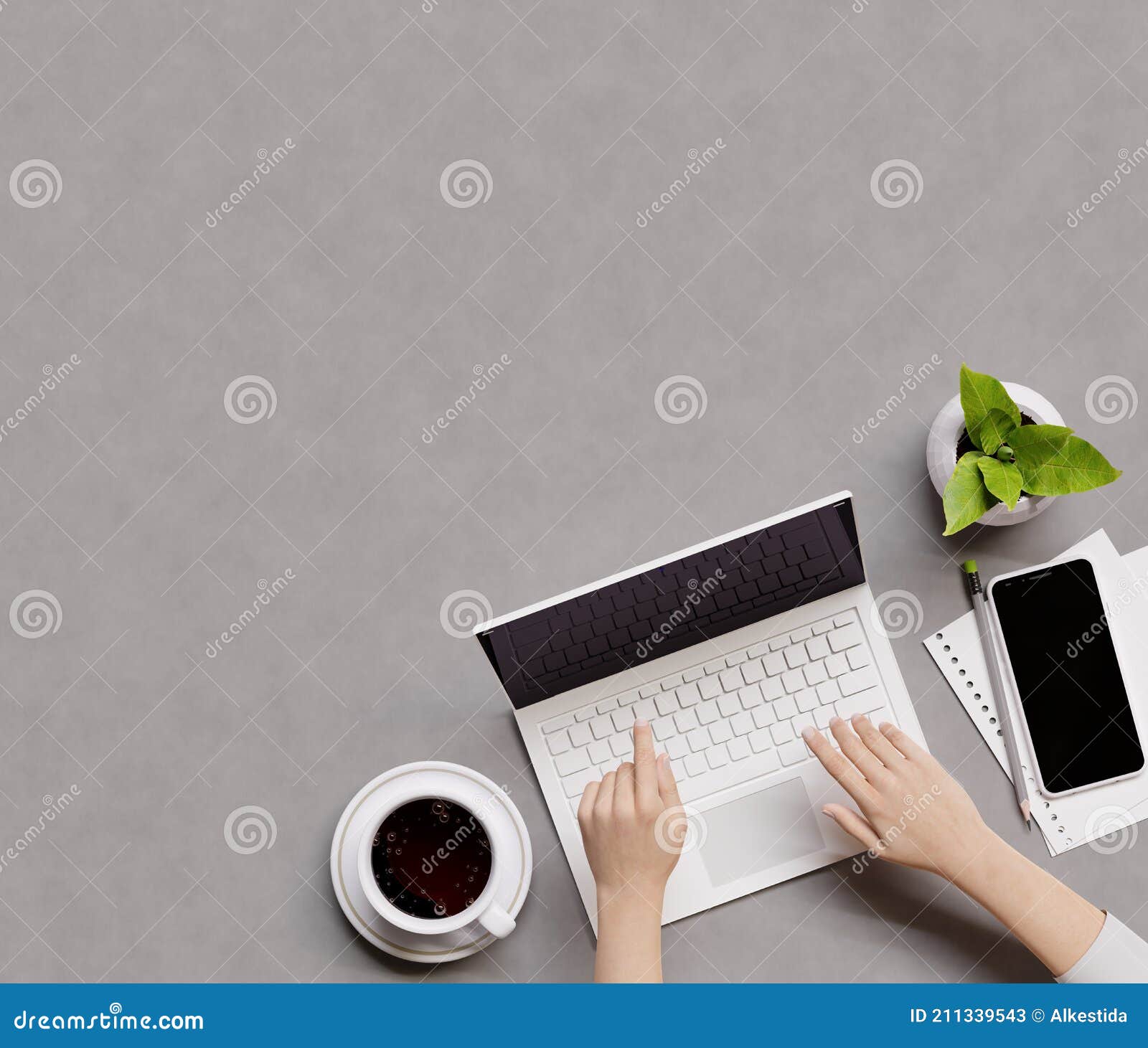 Overhead Shot of Office Desktop. Person Using a Laptop Computer. Top ...