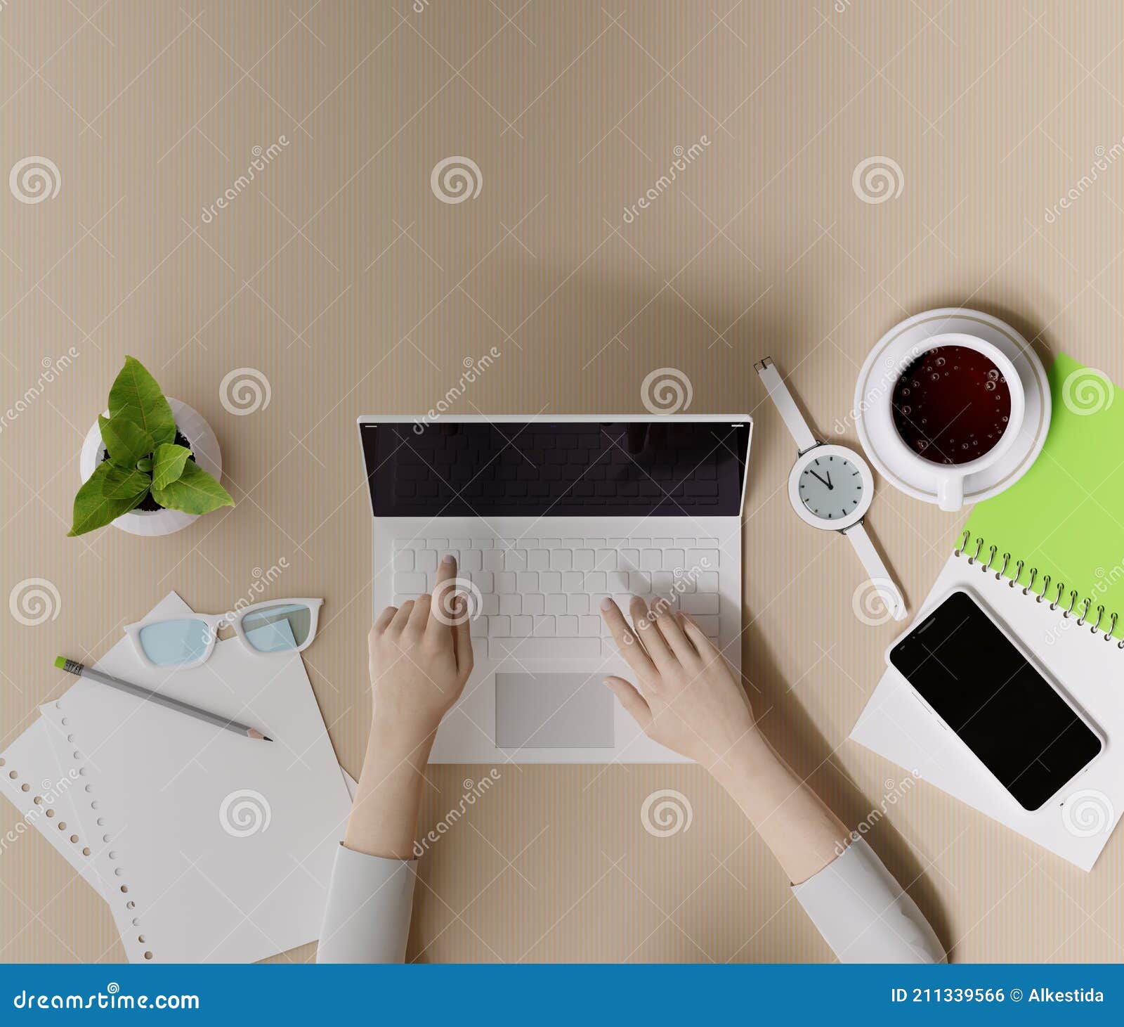 Overhead Shot of Office Desktop. Person Using a Laptop Computer. Top ...