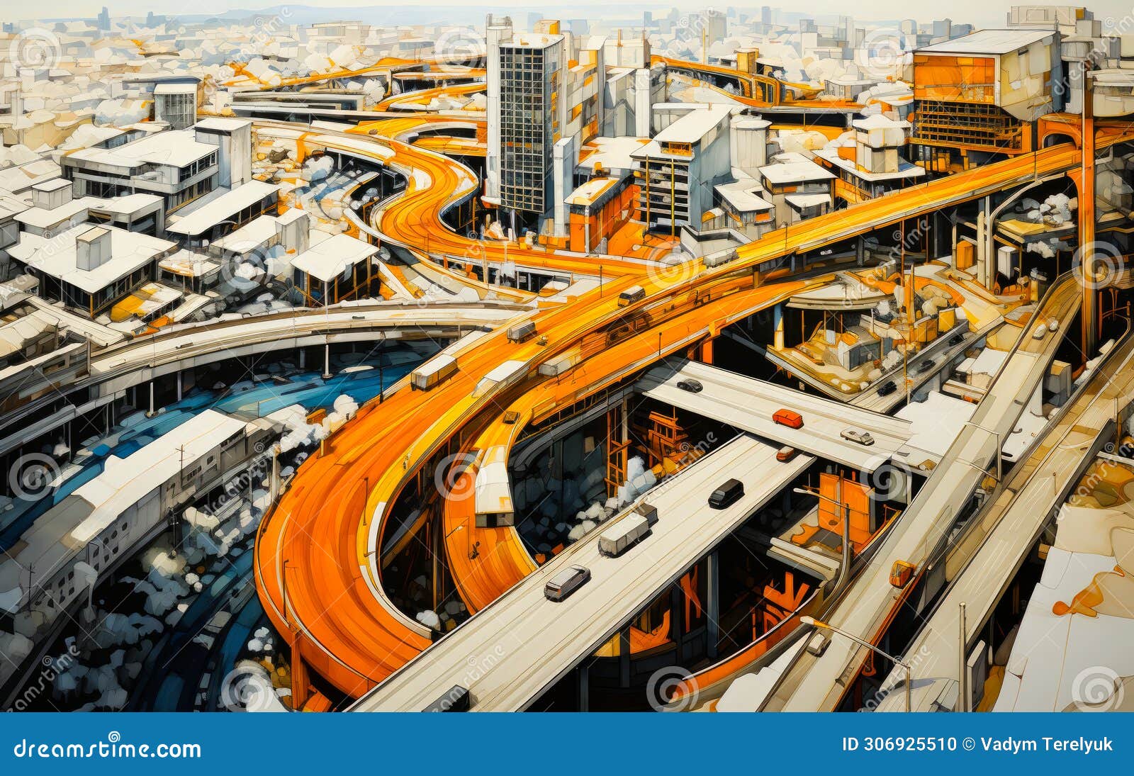 Overhead Shot Over a Highway. a Painting of a Highway Intersection in a ...