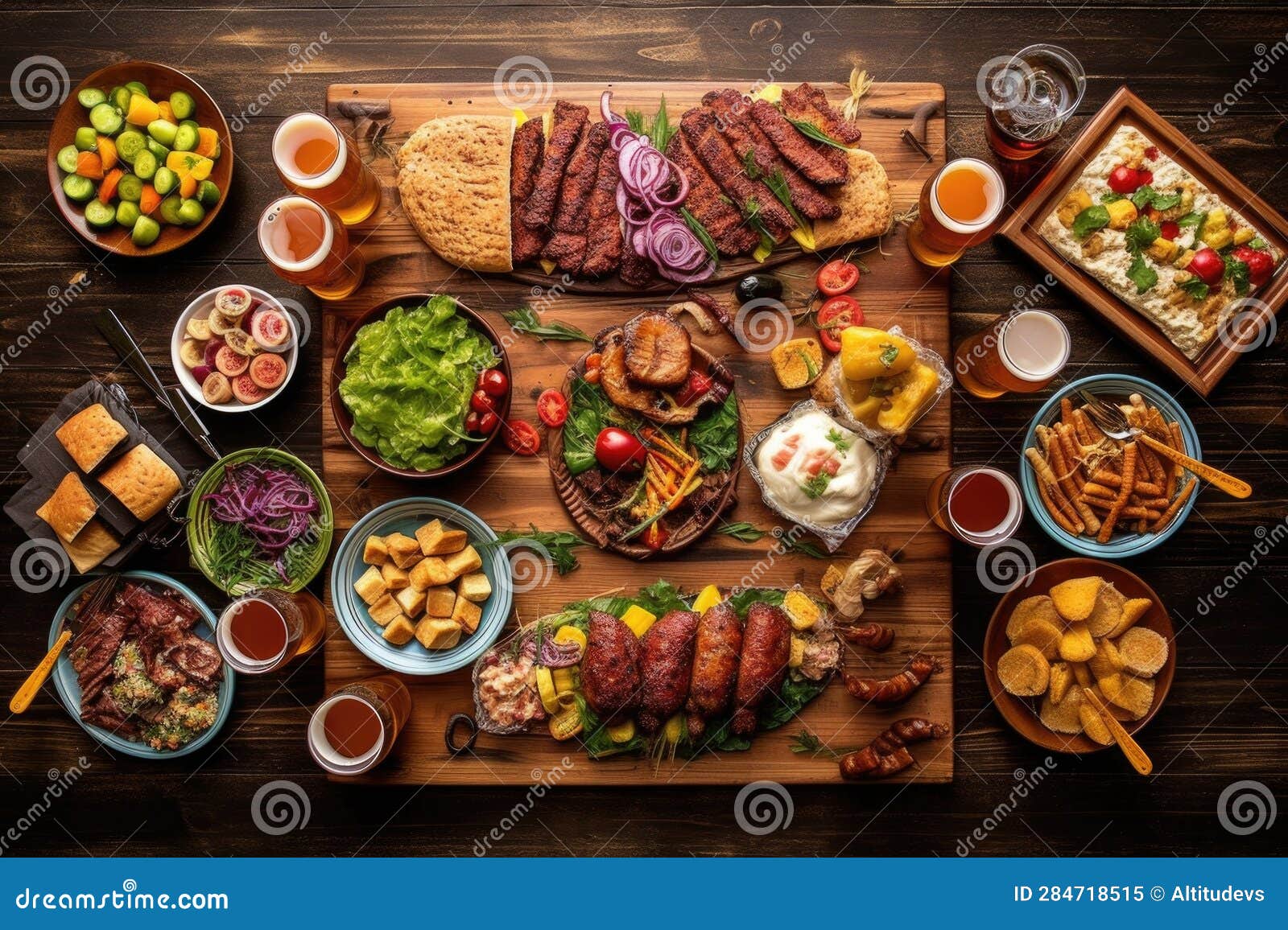 Overhead Shot of Picnic Table with Craft Beers and Bbq Spread Stock ...