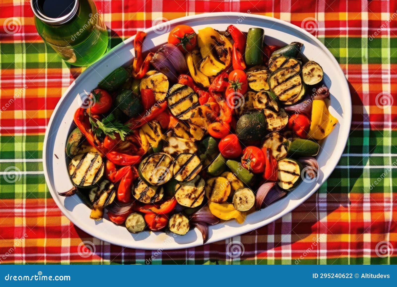 Overhead Shot of a Platter of Mixed Grilled Veggies on a Checkered ...