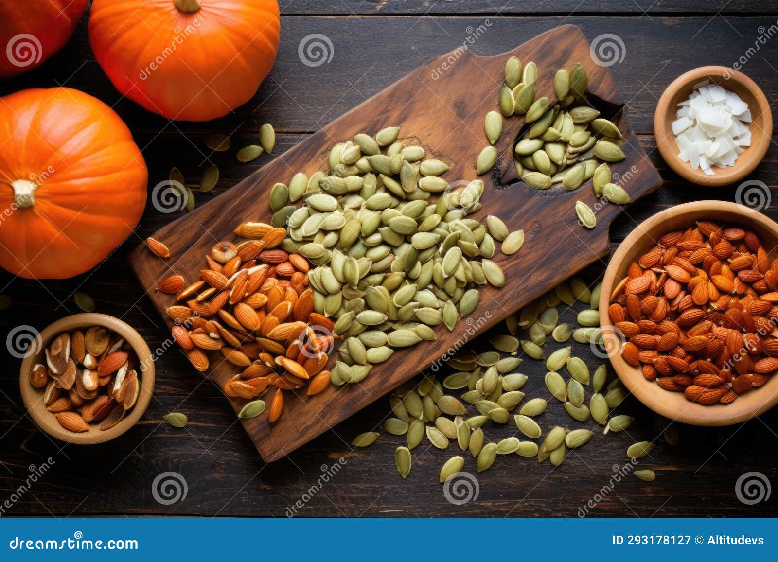 Overhead Shot of Pumpkin Seeds on a Rustic Board Stock Image - Image of ...