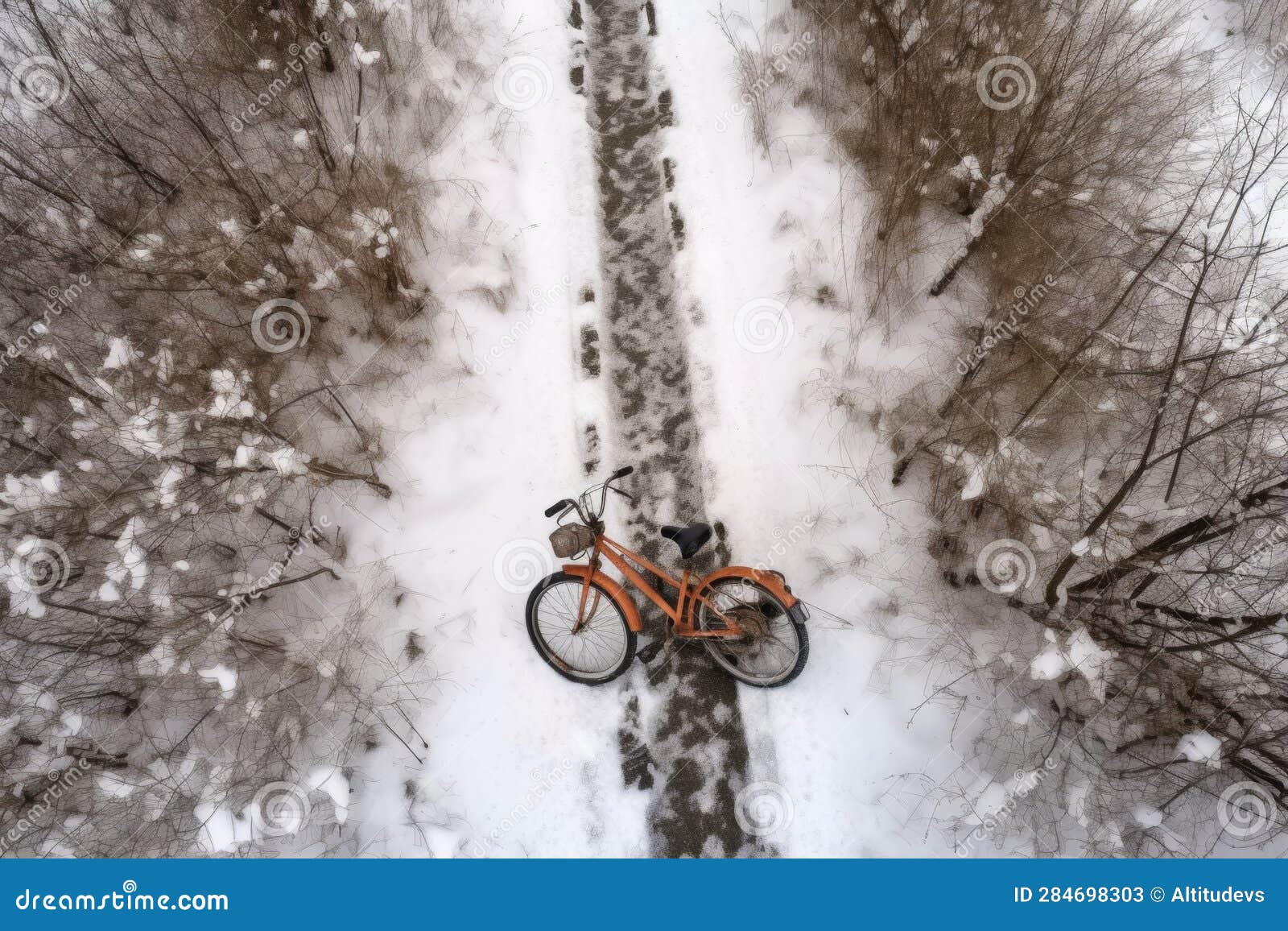 Overhead Shot of a Snow-covered Bike on a Deserted Path Stock ...