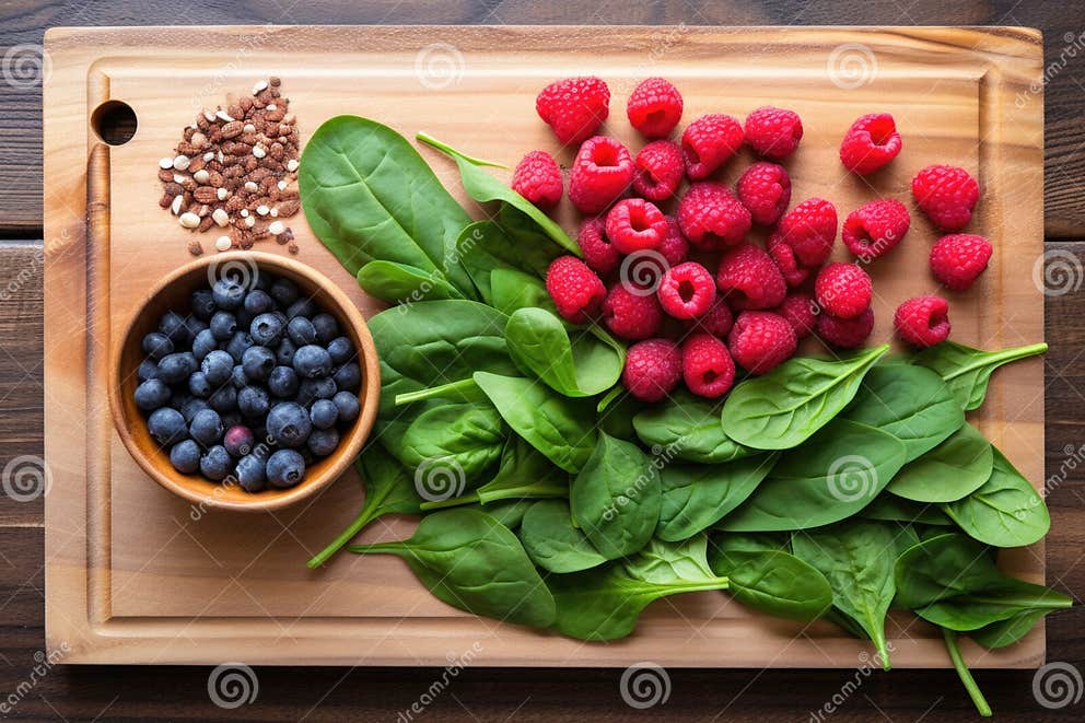 Overhead Shot of Spinach and Fresh Berries on a Board Stock Image ...