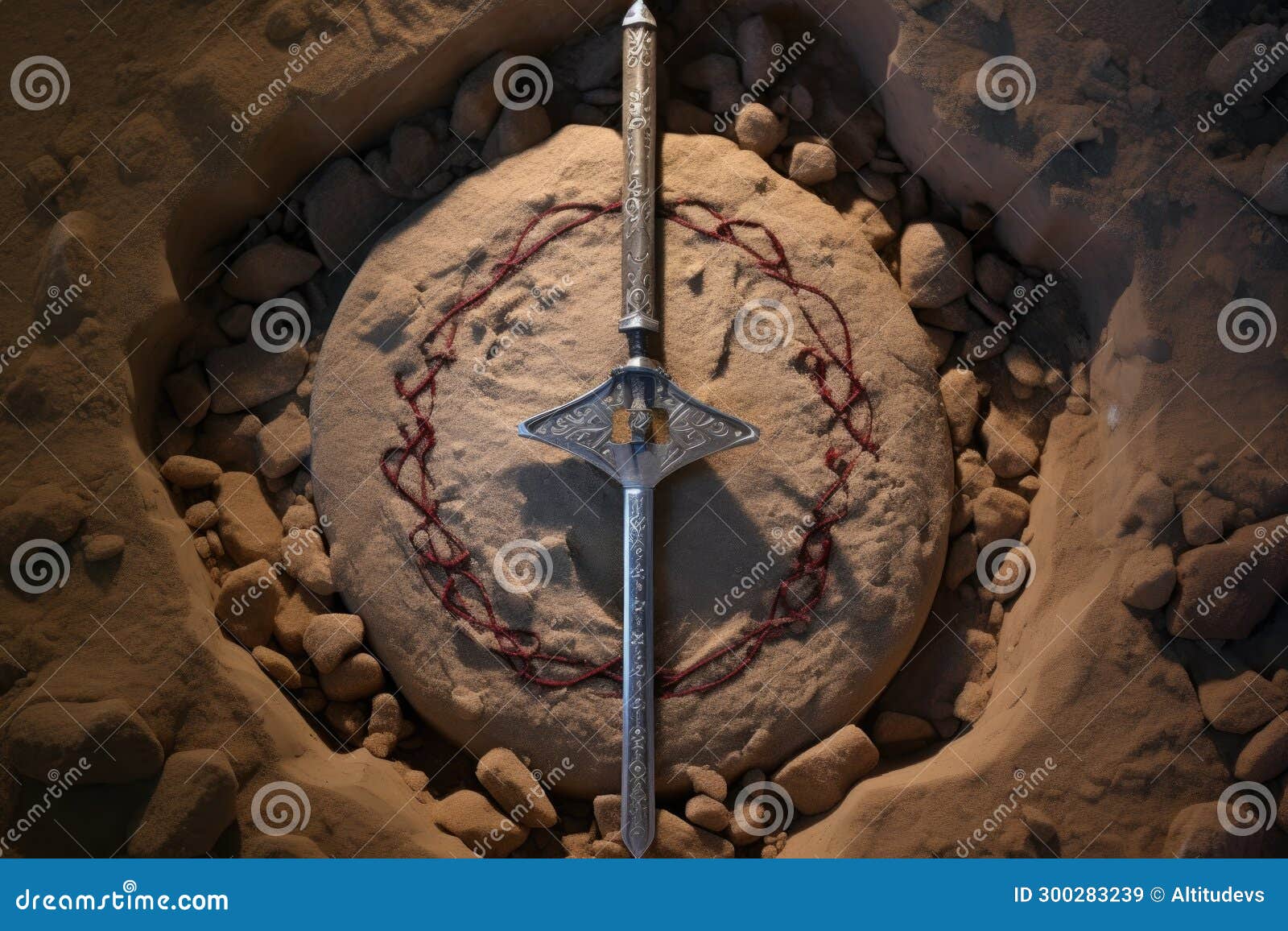 An Overhead Shot of a Sword Stuck in a Stone in a Patterned Sand Circle ...