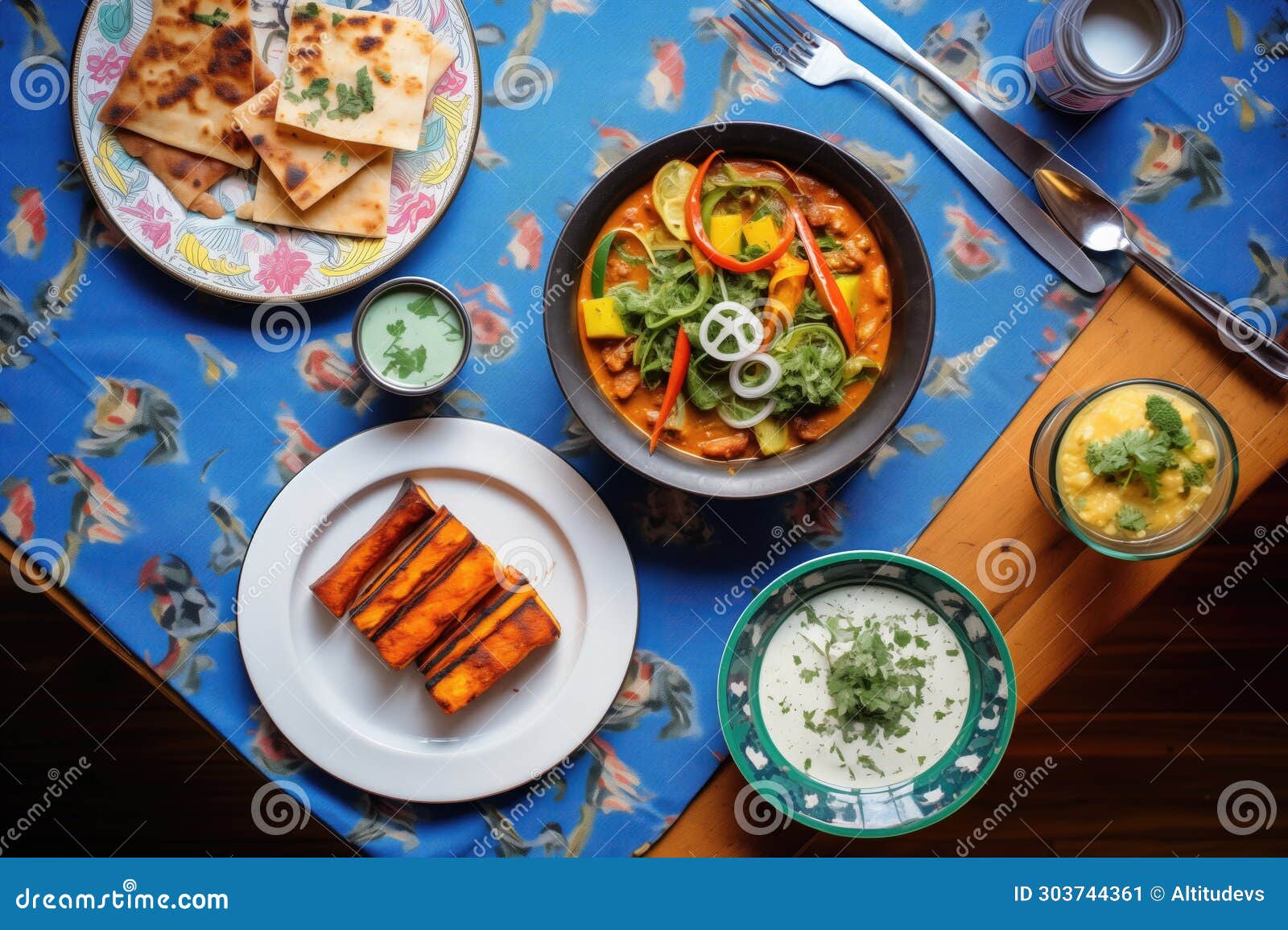 Overhead Shot of Table with Full Indian Meal and Paneer Stock Image ...