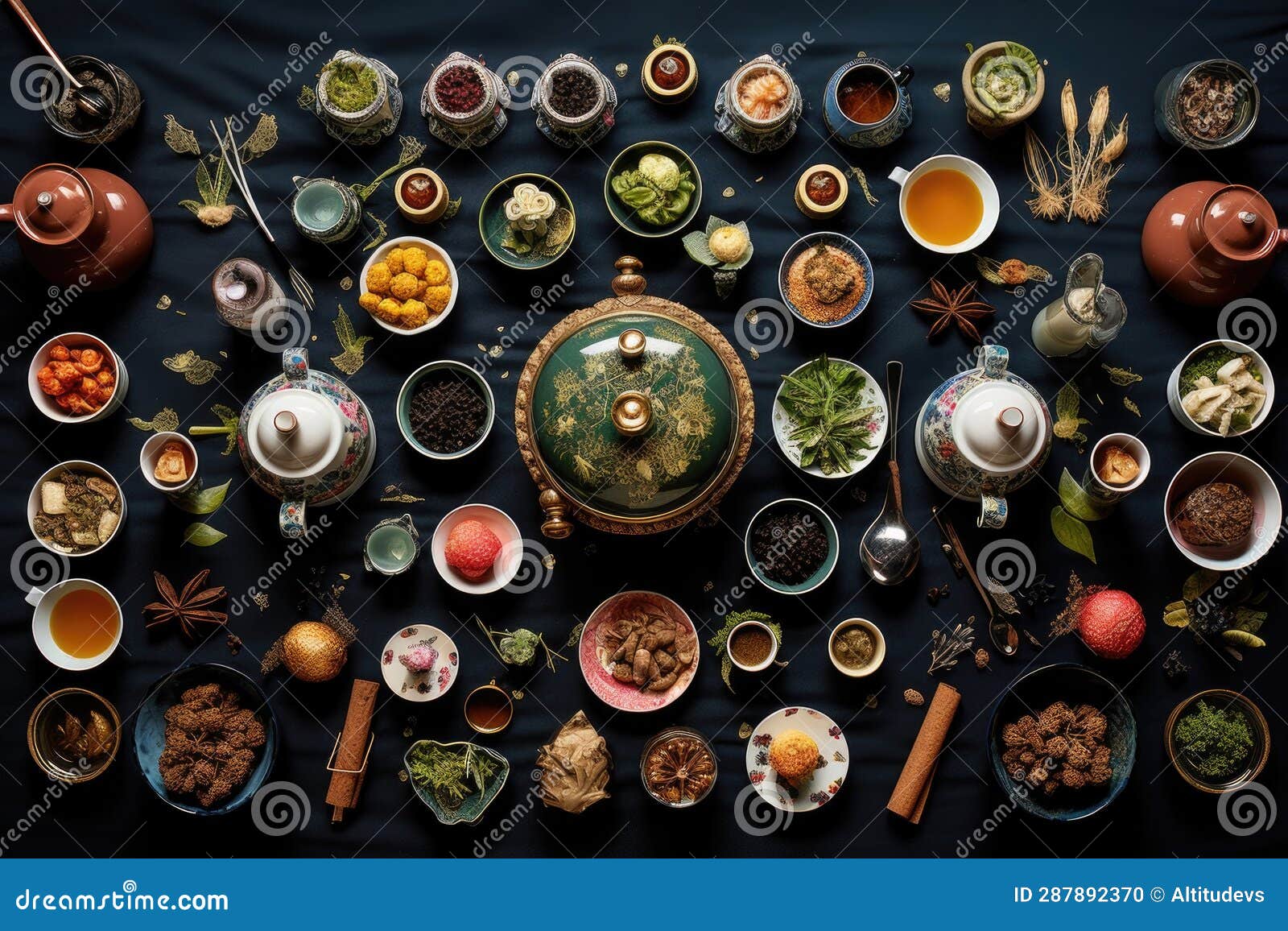 Overhead Shot of a Tea Set with Various Tea Types Stock Illustration ...