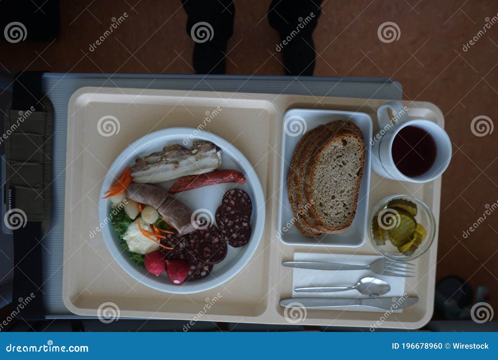 Overhead Shot of a Tray of Food and a Cup of Coffee Stock Photo - Image ...