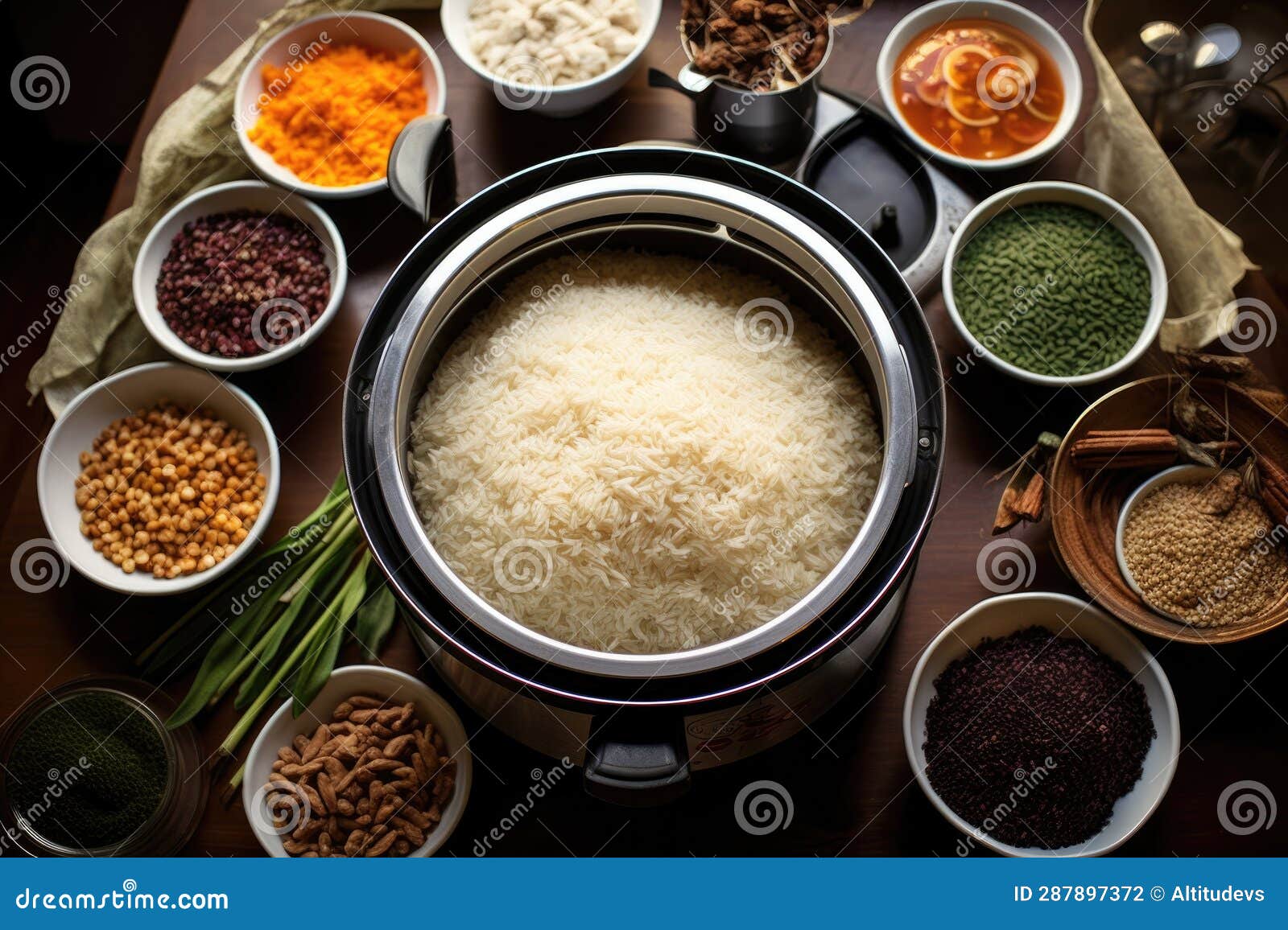 Overhead Shot of Various Rice Types Near Cooker Stock Illustration ...