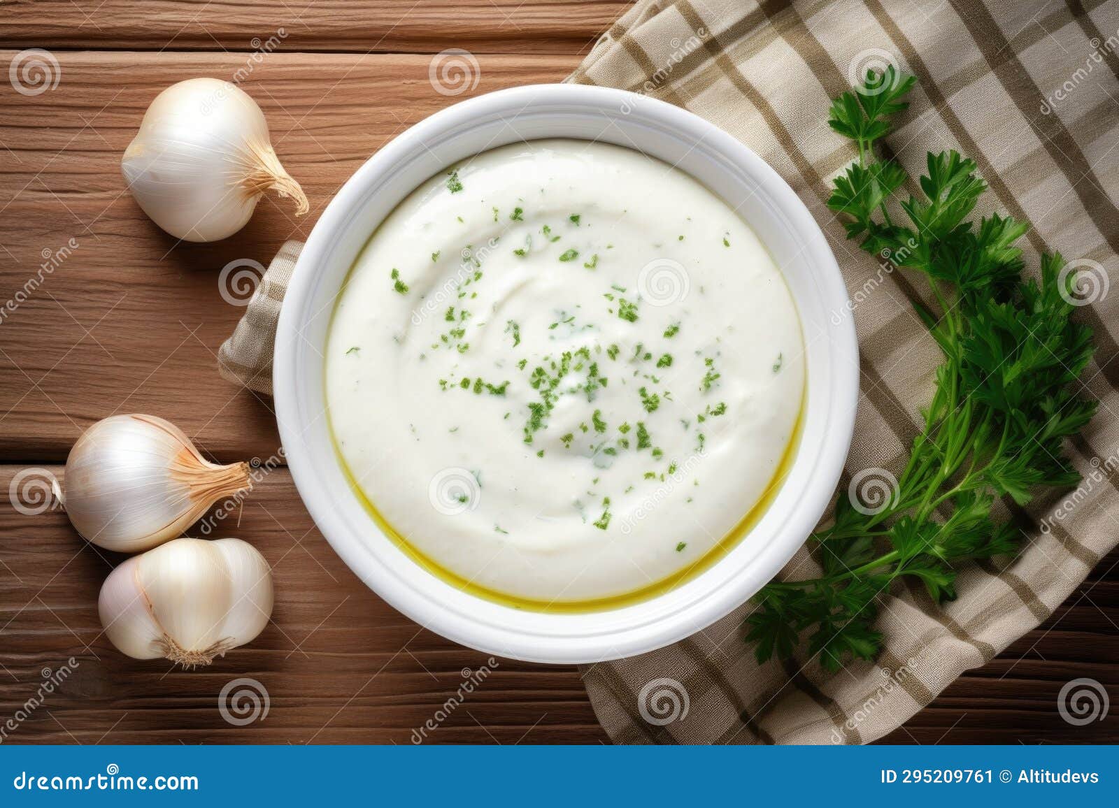 Overhead Shot of a White Bowl Filled with Garlic Sauce Stock Image ...