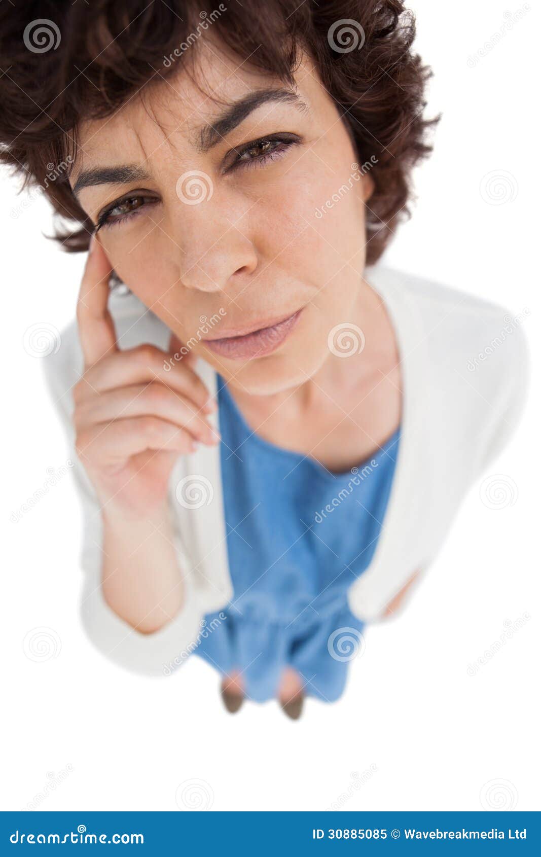 Overhead of Standing Woman Pointing Her Temple Stock Image - Image of ...