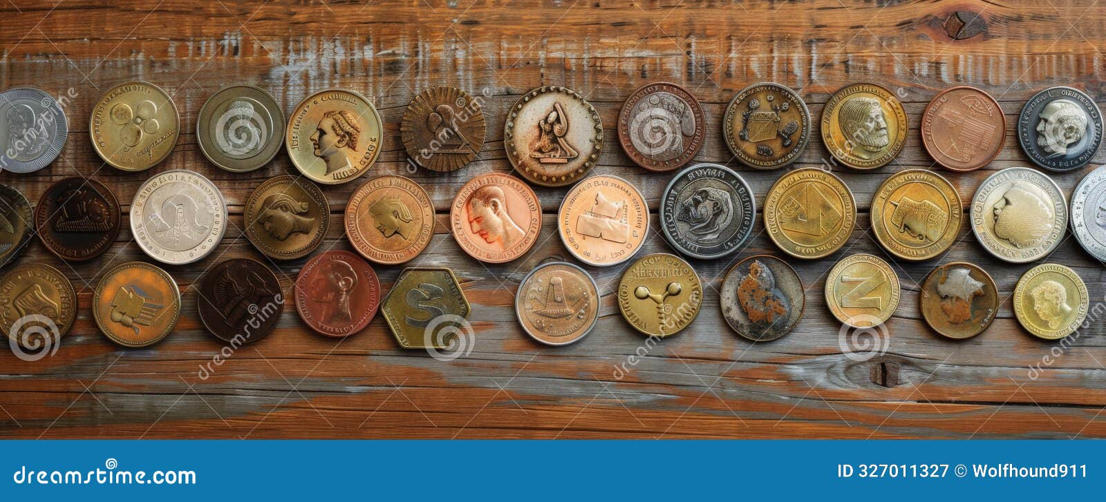 Overhead Top Down View of a Collection of Different Types of Coins ...