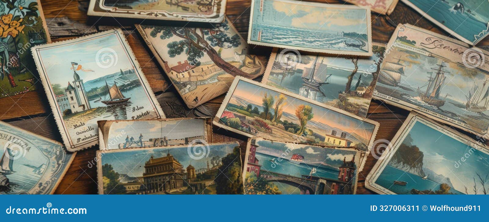 Overhead Top Down View of a Collection of Different Vintage Postcards ...