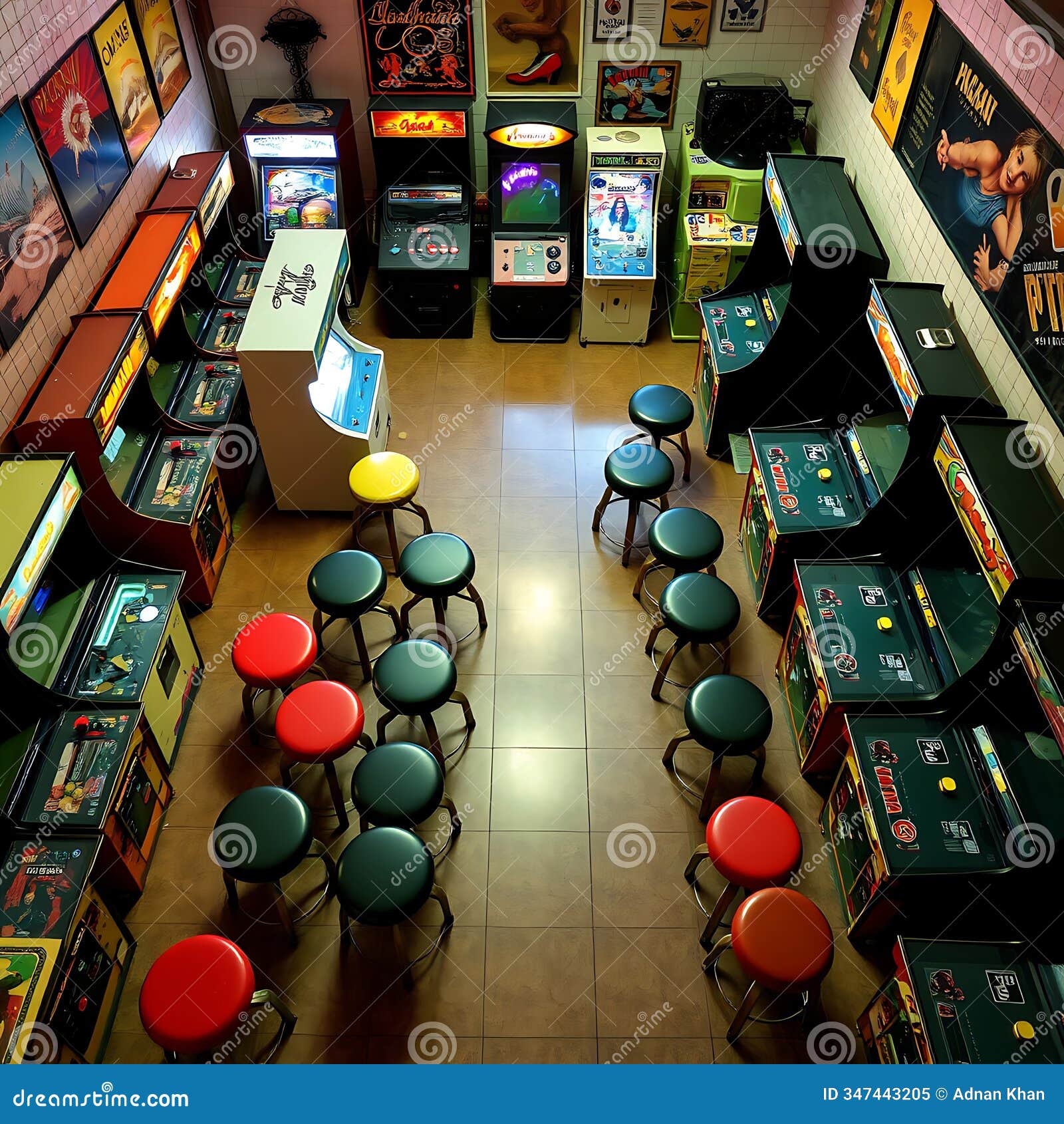 An Overhead View of an Arcade Room with Various Stools Clustered Around ...
