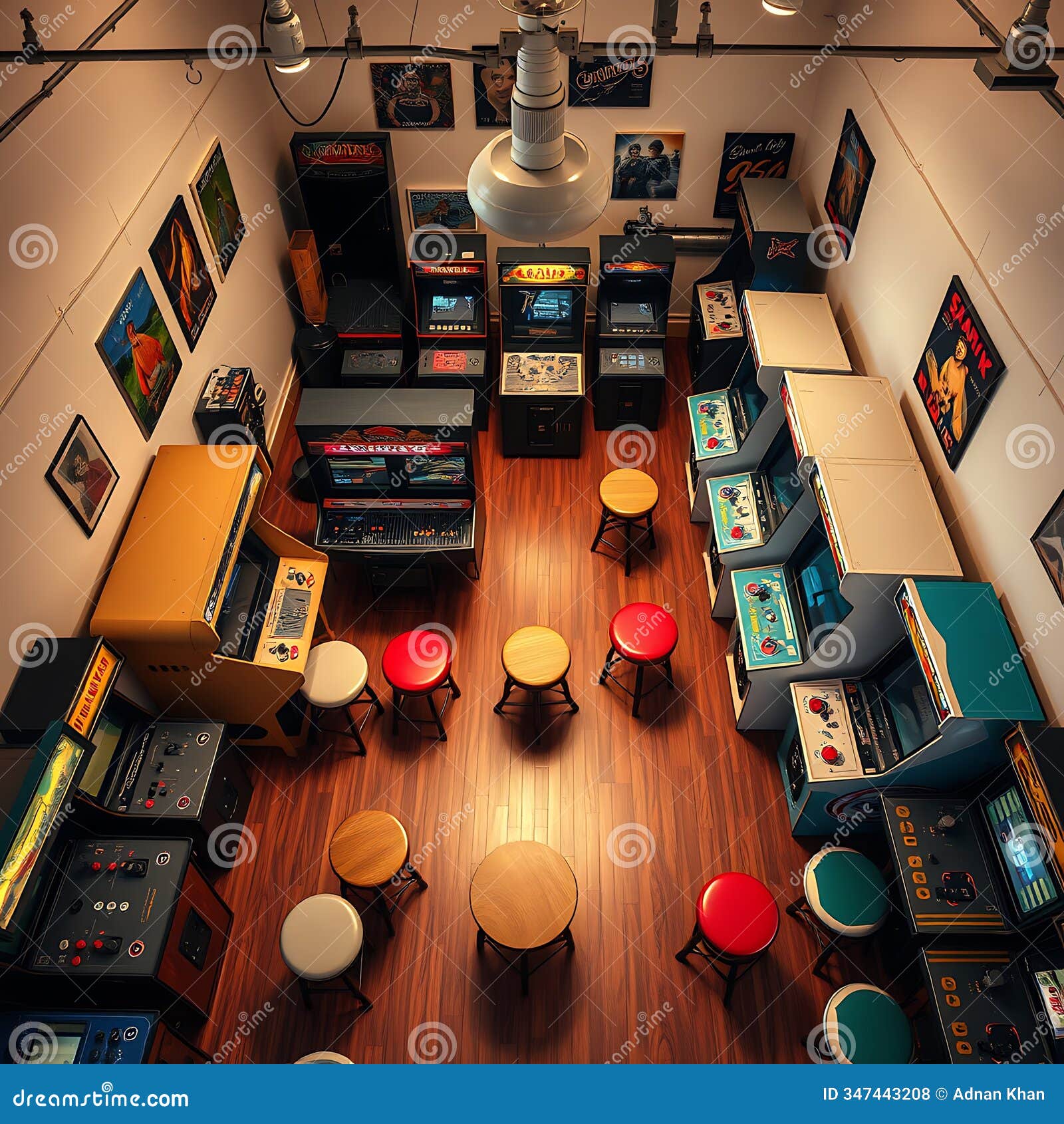 An Overhead View of an Arcade Room with Various Stools Clustered Around ...