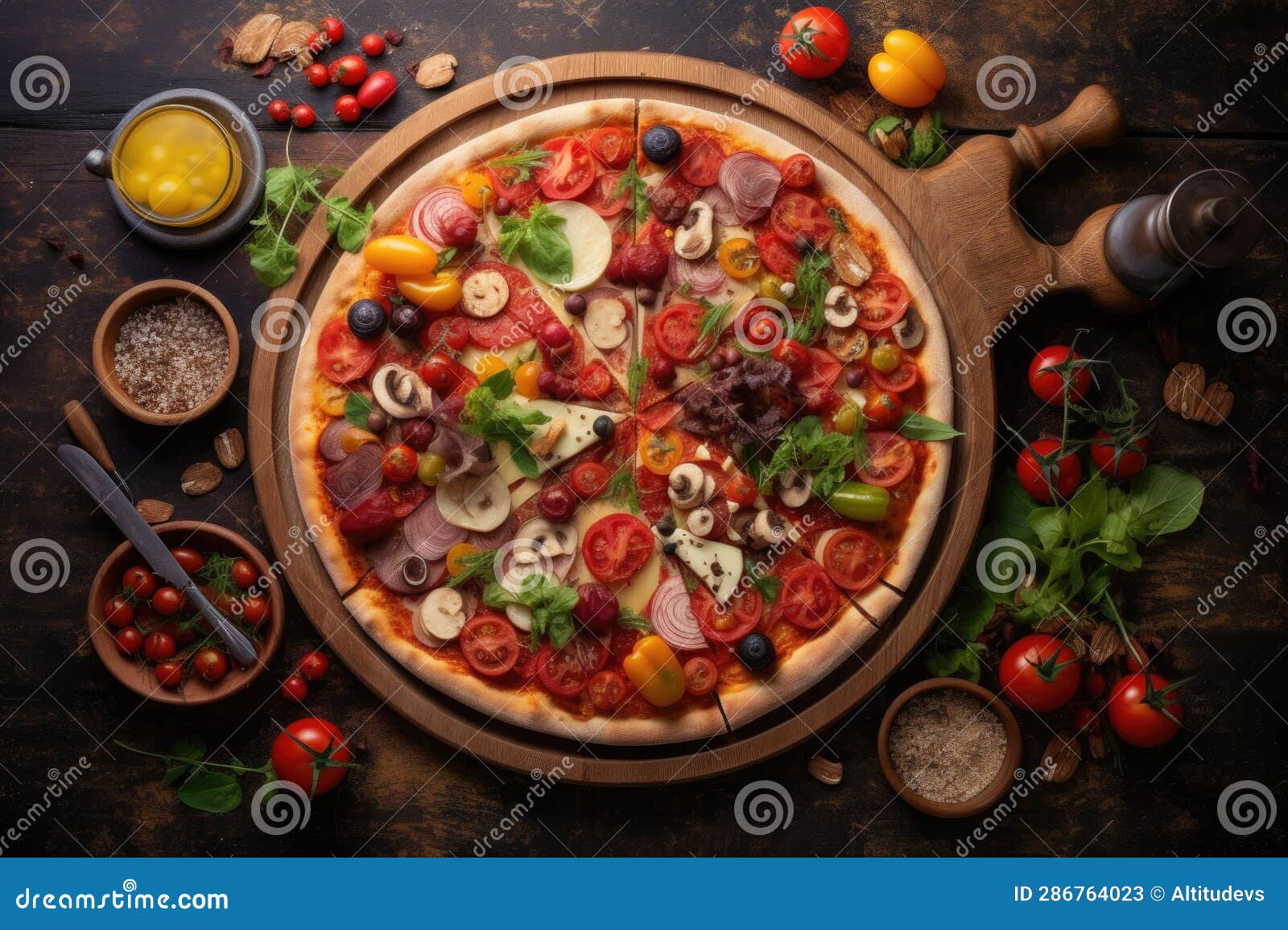 Overhead View of Artisan Pizza on Rustic Board Stock Illustration ...
