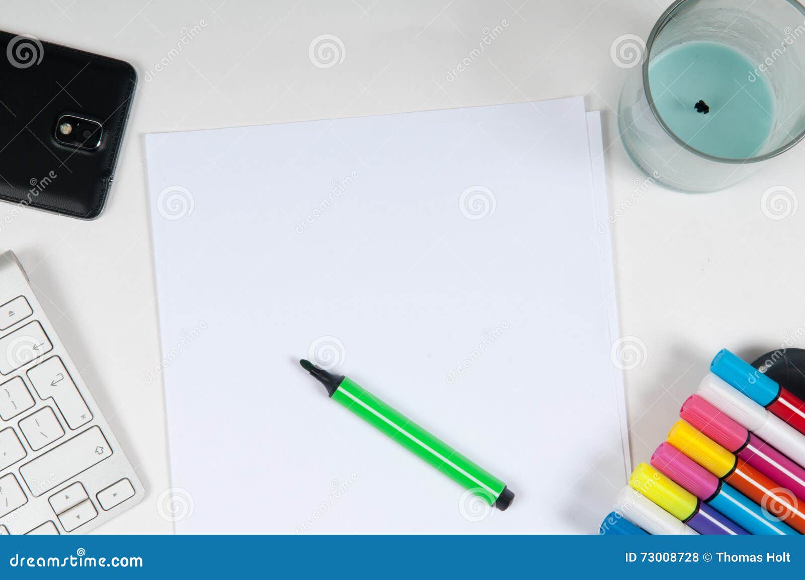 Overhead View of an Artists Desk with Computer Keyboard and Pens Stock ...
