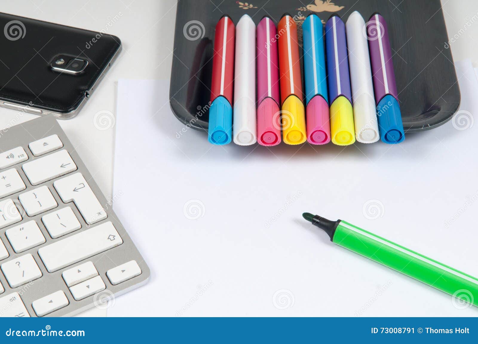Overhead View of an Artists Desk with Computer Keyboard and Pens Stock ...
