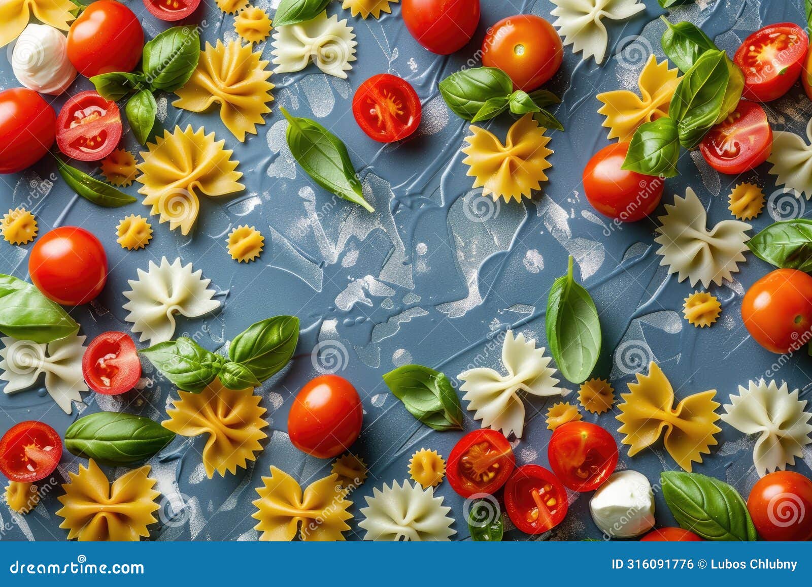 Overhead View of Assorted Pasta, Cherry Tomatoes, and Basil on a Blue ...