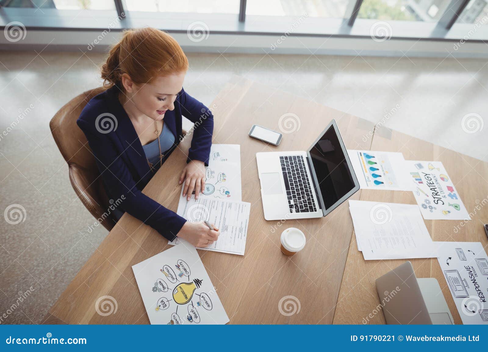 Overhead View of Attentive Executive Working at Desk Stock Image ...