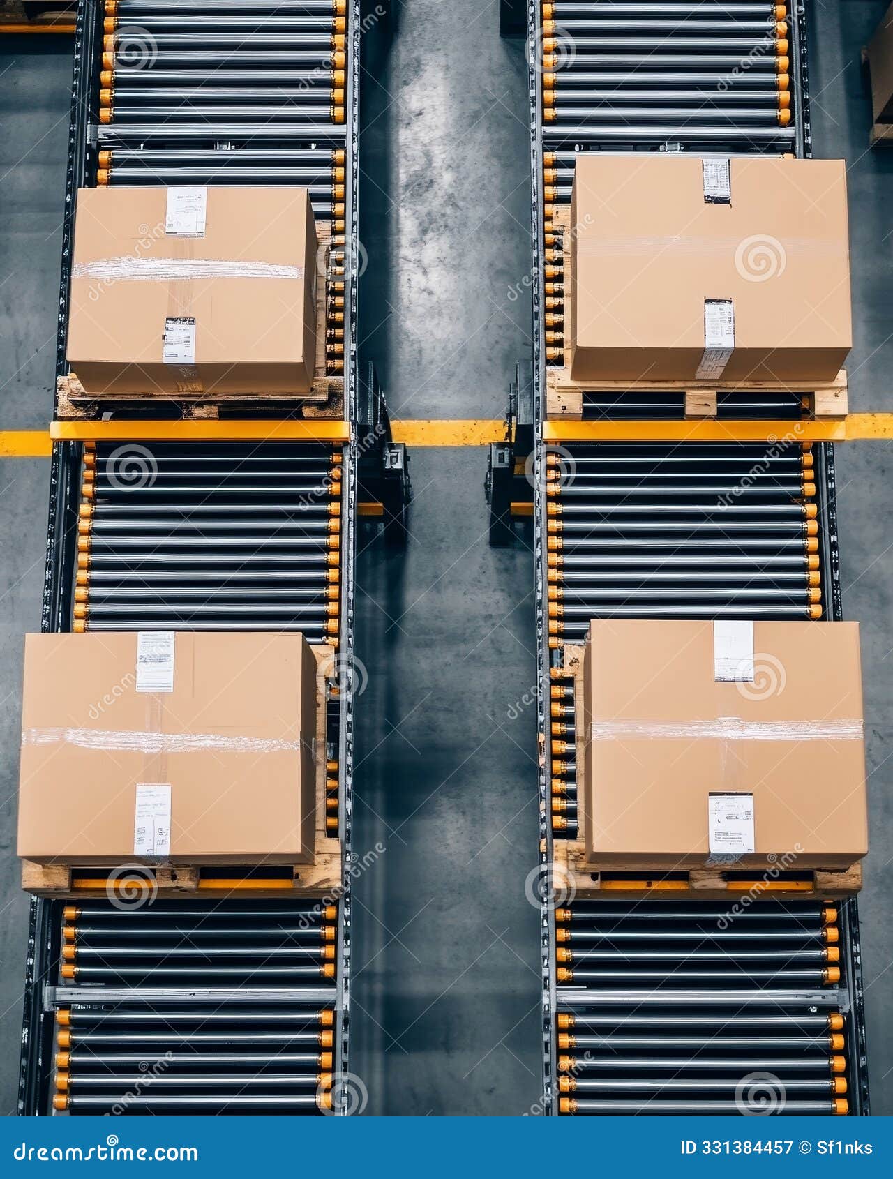 Overhead View of an Automated Warehouse Conveyor System with Cardboard ...
