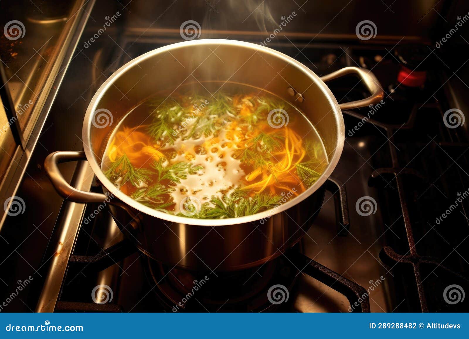 Overhead View of Boiling Pot of Soup on Stove Stock Photo - Image of ...