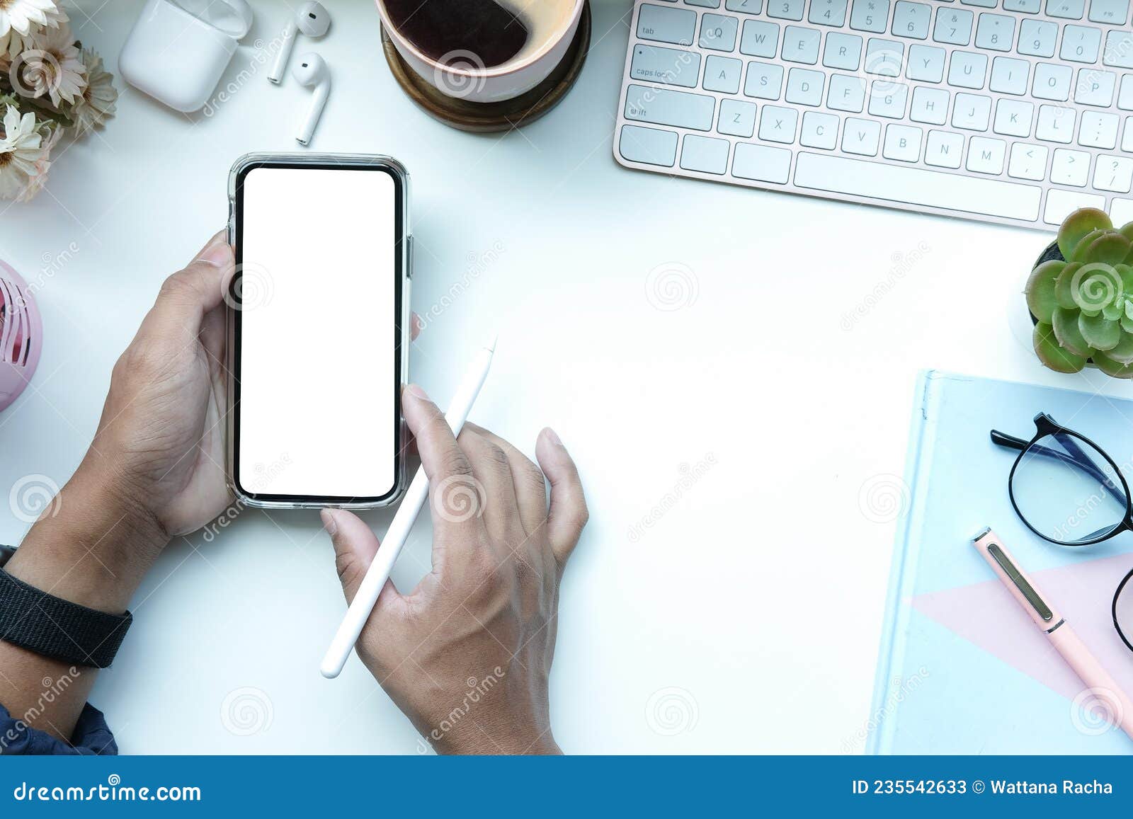 Overhead View Businessman Sitting at His Workspace and Using Smart ...