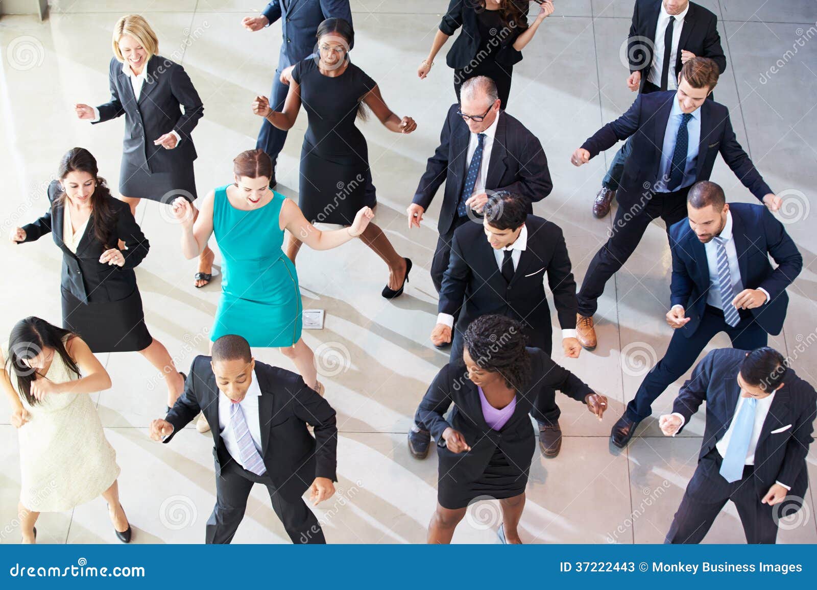 Overhead View of Businesspeople Dancing in Office Lobby Stock Image ...