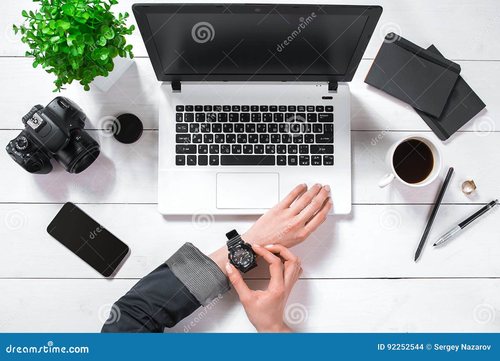 Overhead View of Businesswoman Working at Computer in Office Stock ...