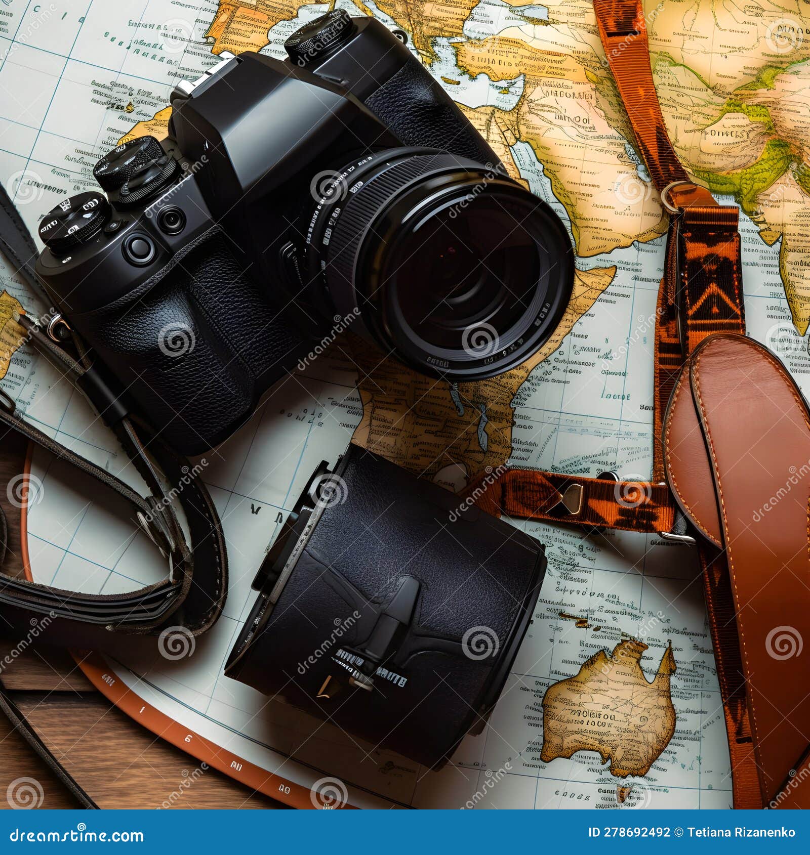 Overhead View on Camera and Accessories Lying on the Map. Traveling ...