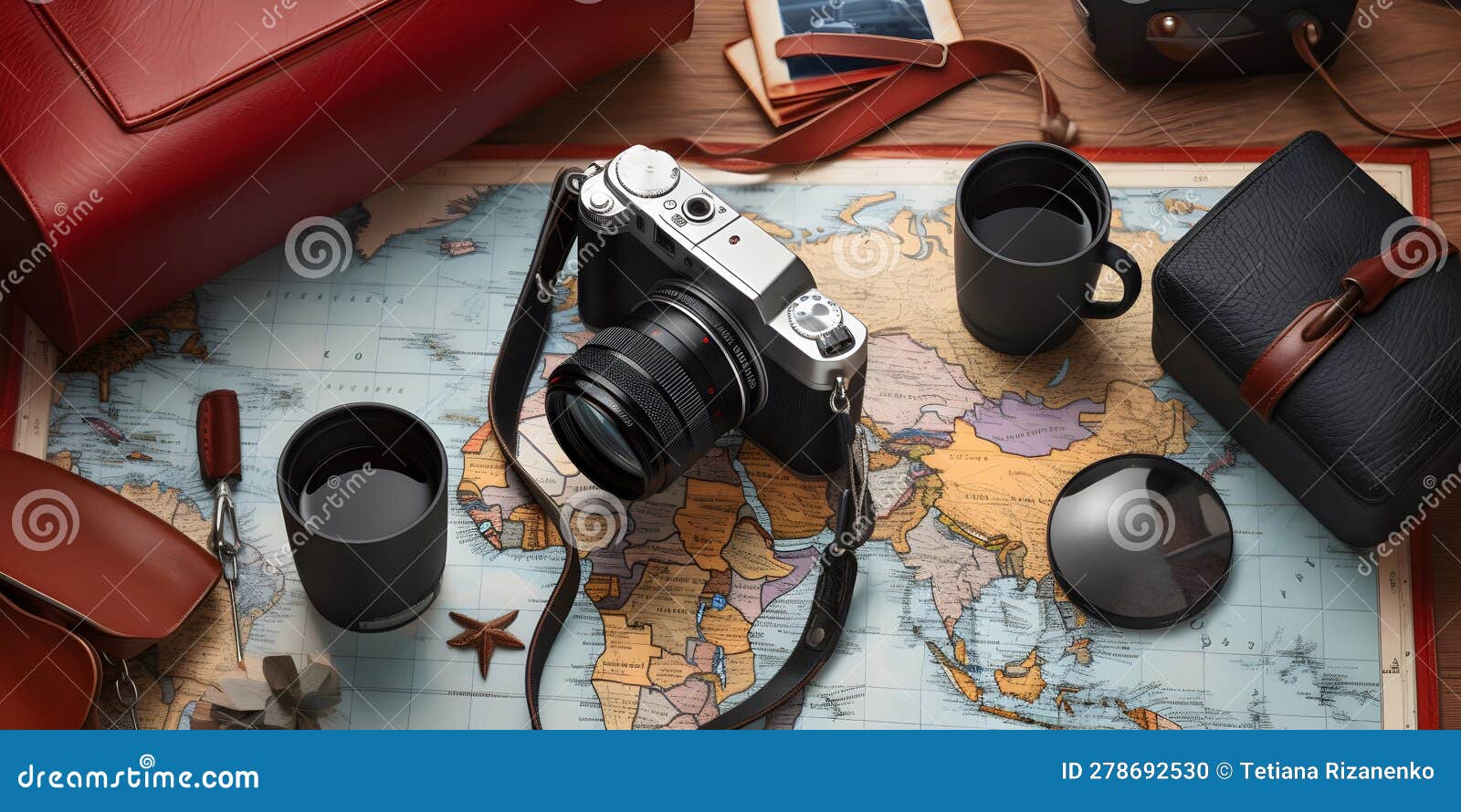 Overhead View of Camera and Accessories Lying on the Map. Traveling ...