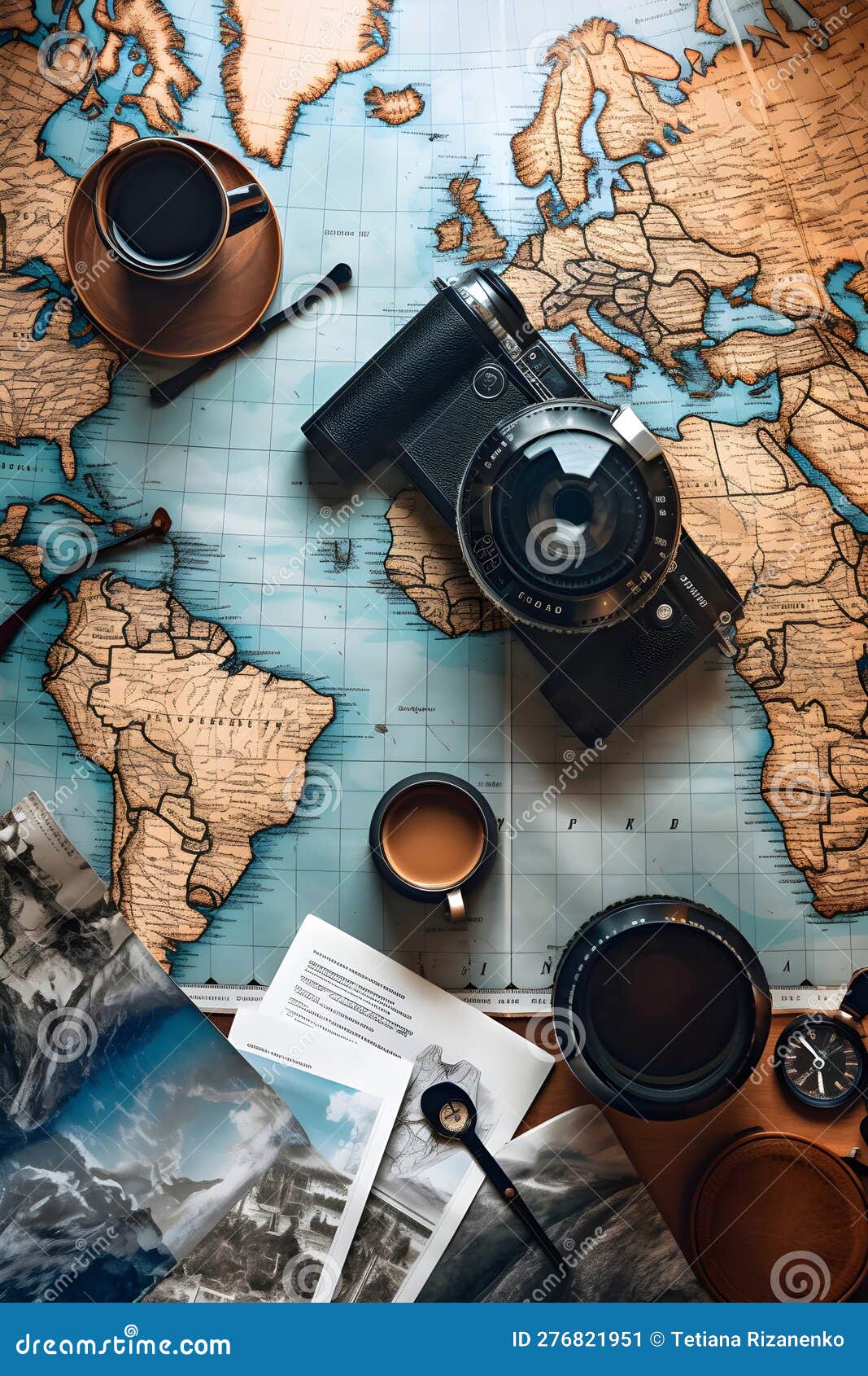 Overhead View of Camera and Accessories Lying on the Map. Traveling ...