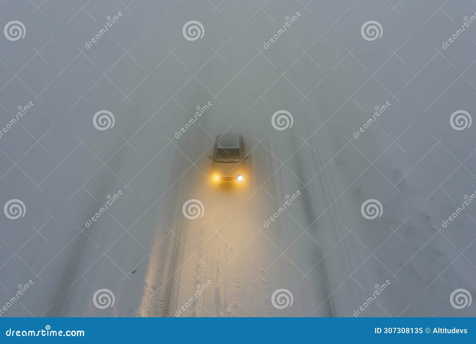 Overhead View of Car Driving with Headlights in Thick Fog Stock Image ...